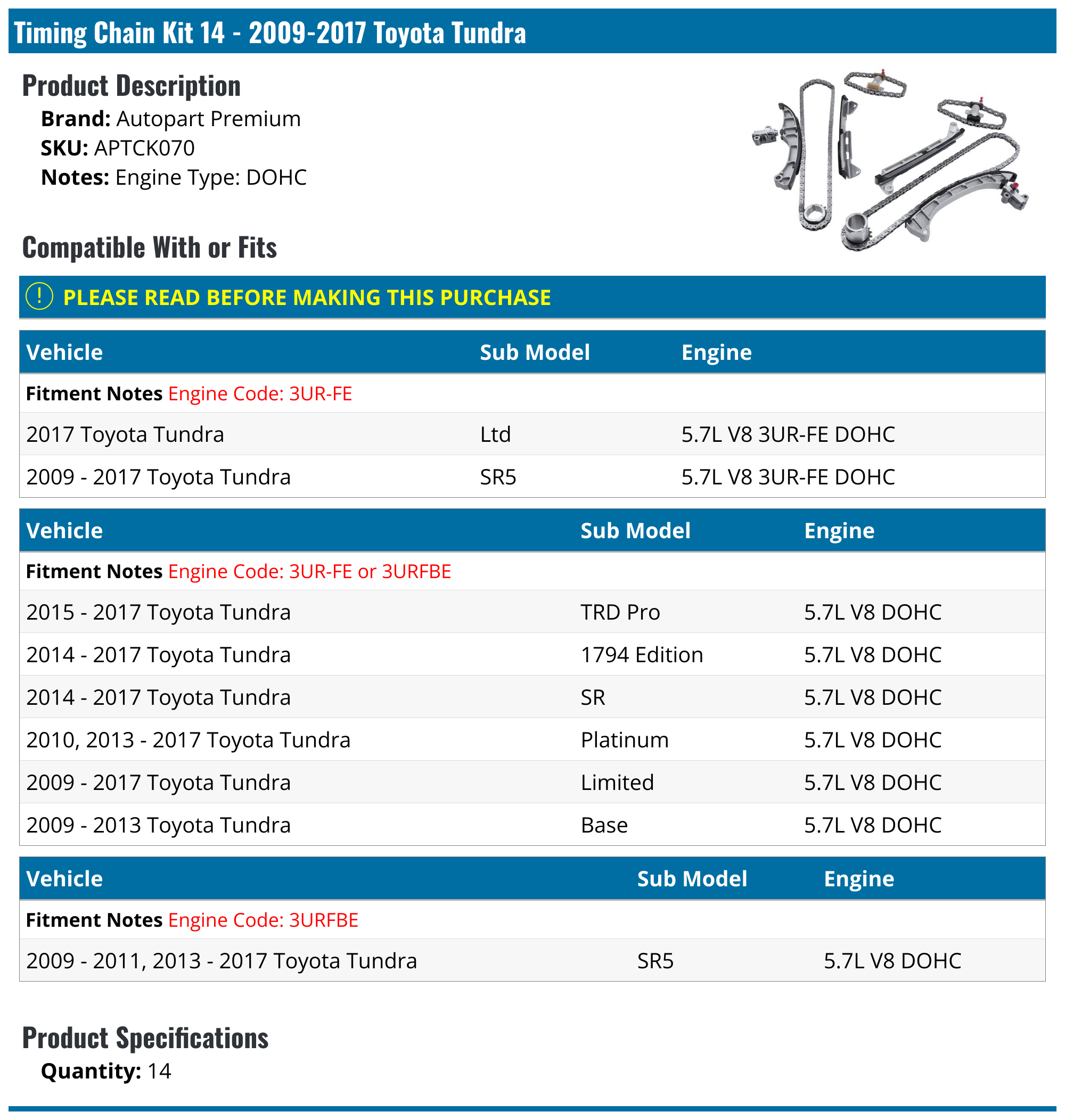 2009-2017 Toyota Tundra Timing Chain - Autopart Premium APTCK070 ...
