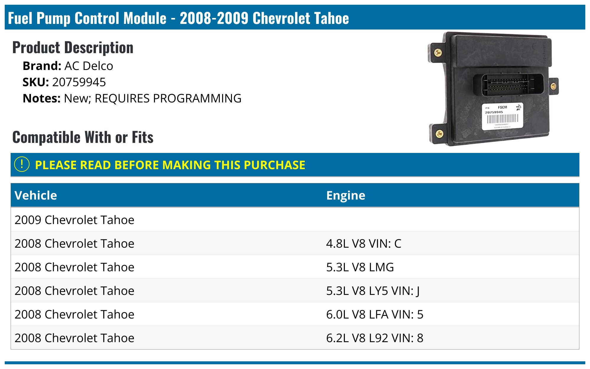 2008-2009 Chevrolet Tahoe Fuel Pump Control Module - AC Delco 20759945 ...