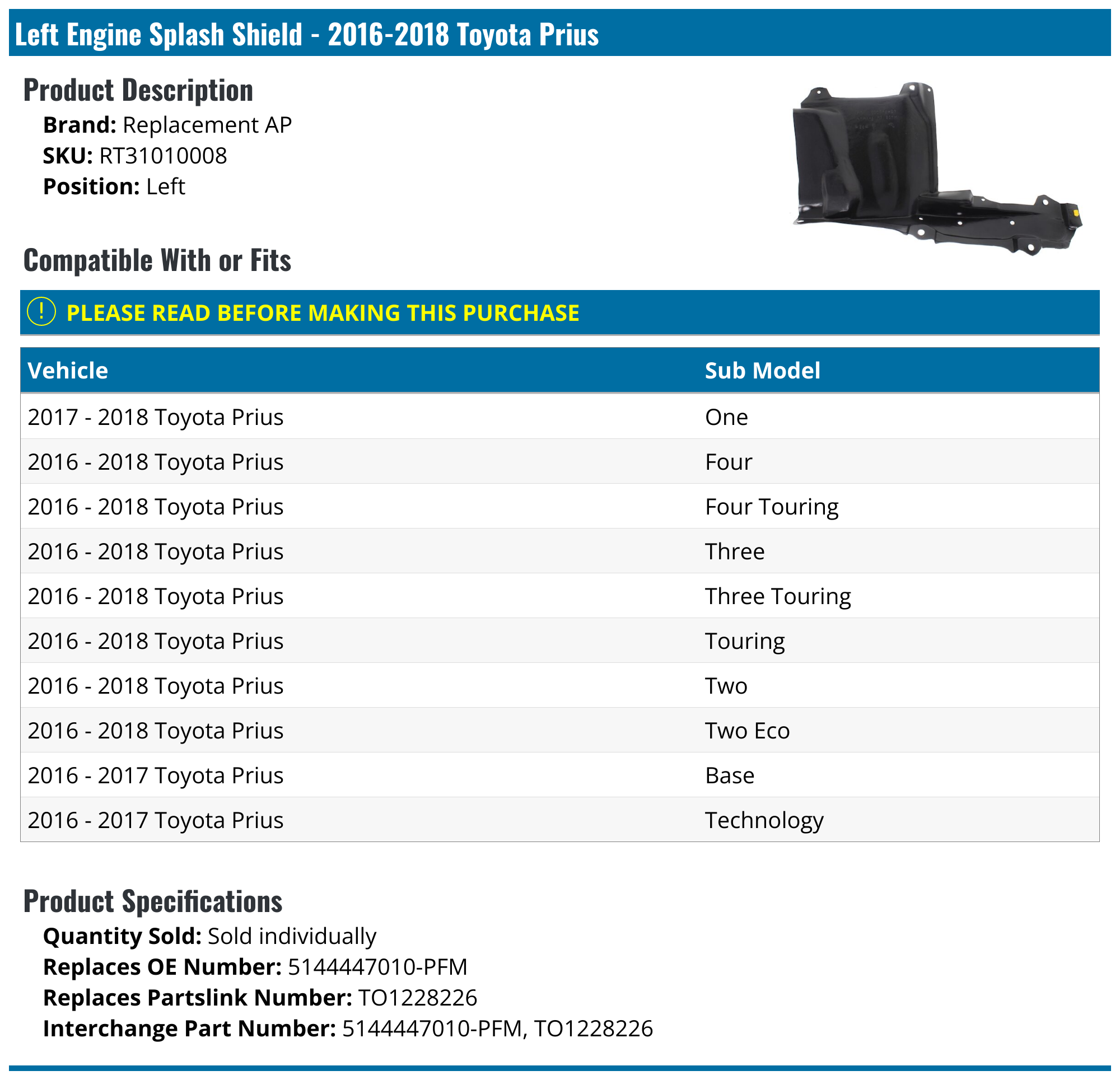 2016-2018 Toyota Prius Lower Engine Cover - Replacement AP RT31010008 ...