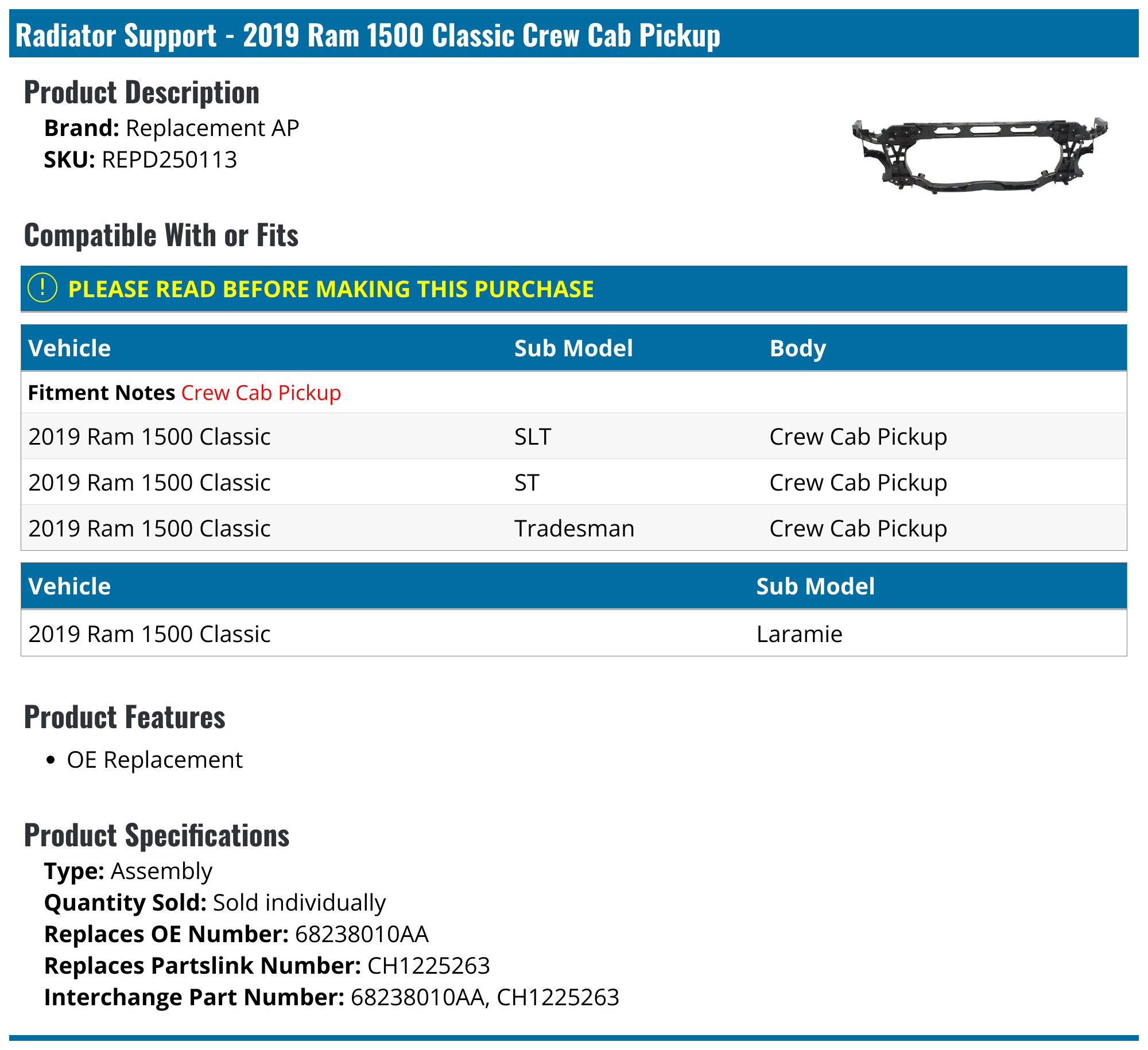 2019 Ram 1500 Classic Radiator Support - Replacement AP REPD250113 ...