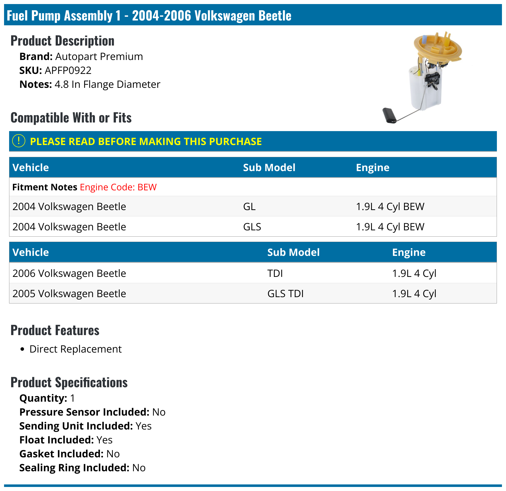 2004-2006 Volkswagen Beetle Fuel Pump - Autopart Premium APFP0922 ...
