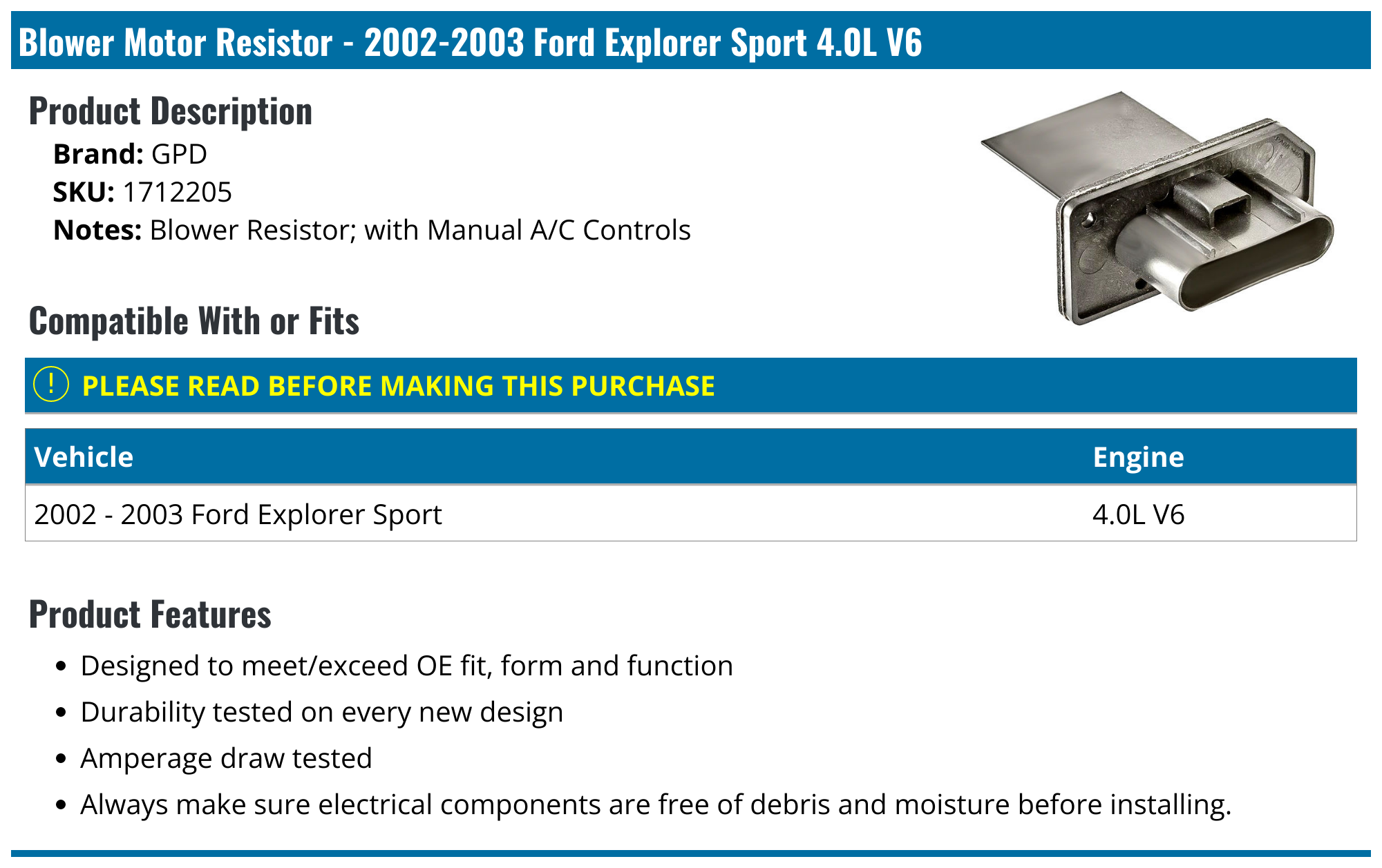 2002-2003 Ford Explorer Sport Blower Motor Resistor - GPD 1712205 ...