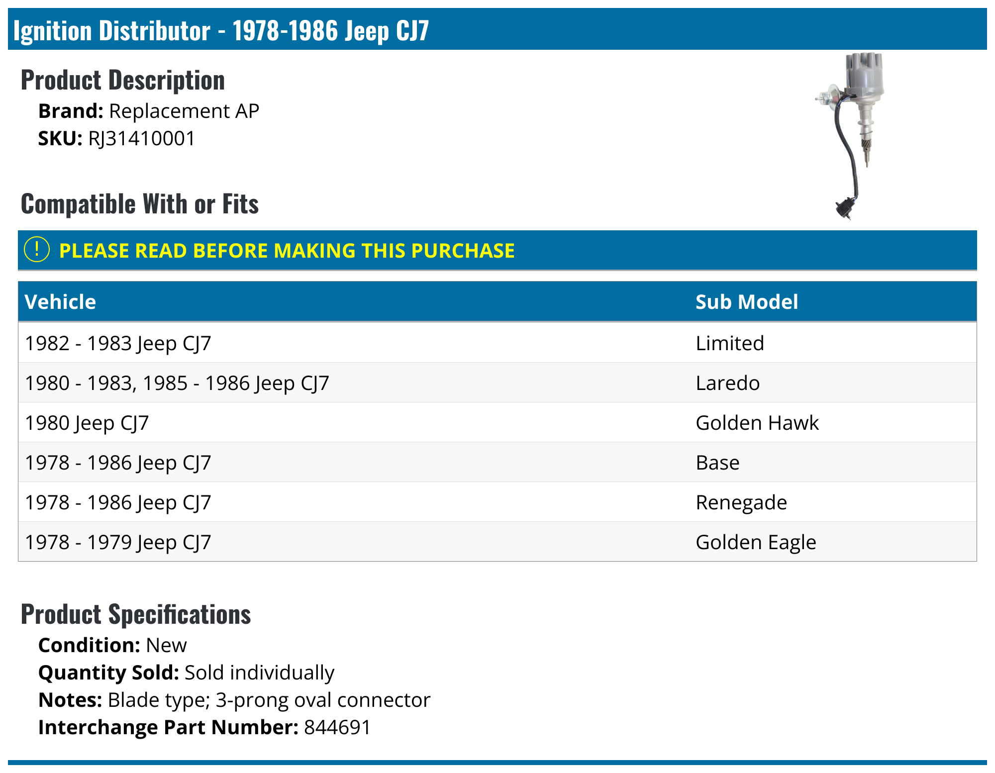 1978-1986 Jeep CJ7 Ignition Distributor - Replacement AP RJ31410001 ...