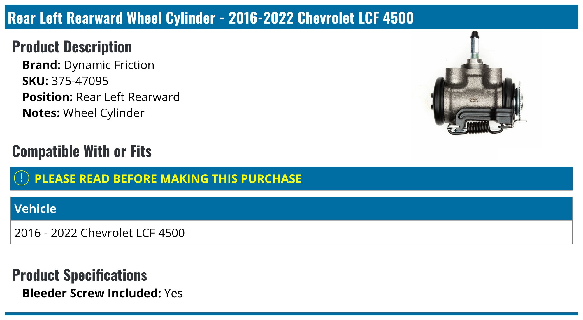 2016-2022 Chevrolet LCF 4500 Wheel Cylinder - Dynamic Friction 375 ...