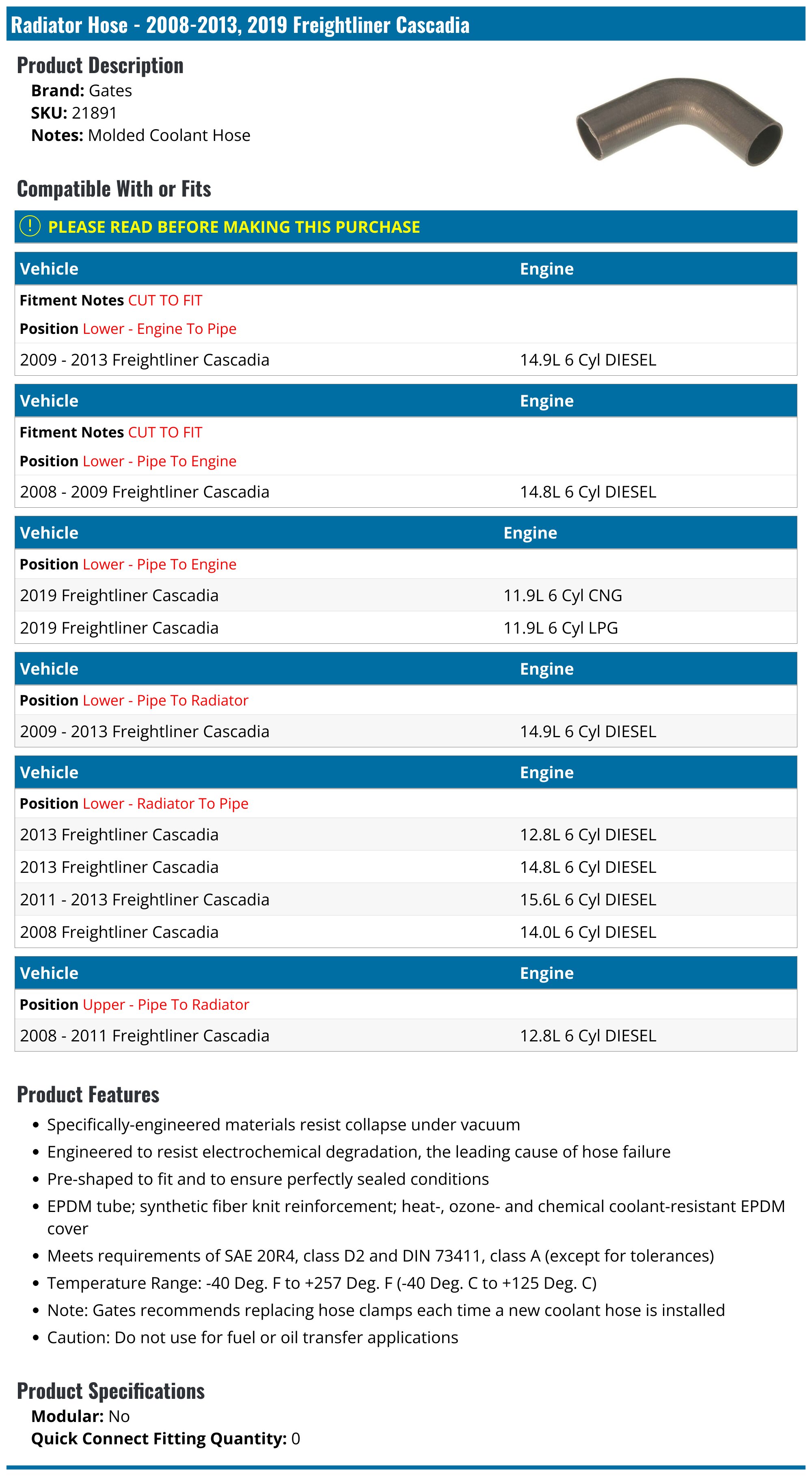 2008-2013, 2019, 2022-2025 Freightliner Cascadia Radiator Hose - Gates ...