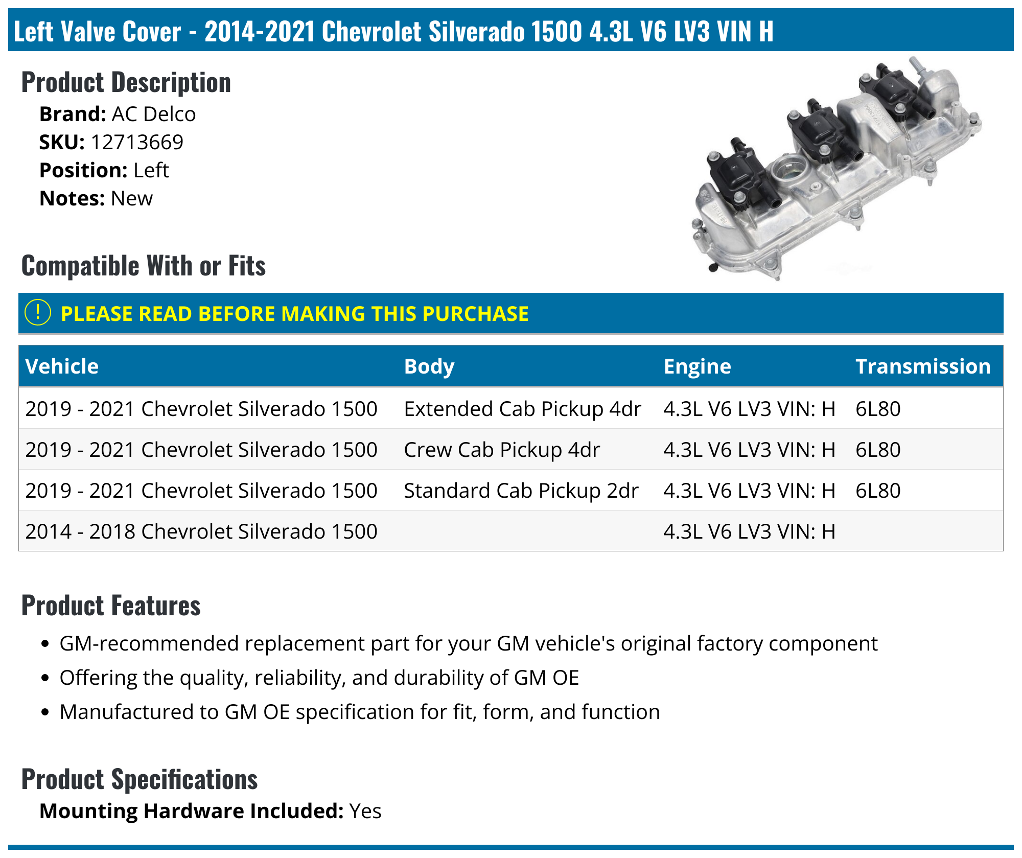 2014-2021 Chevrolet Silverado 1500 Valve Cover - AC Delco 12713669 ...