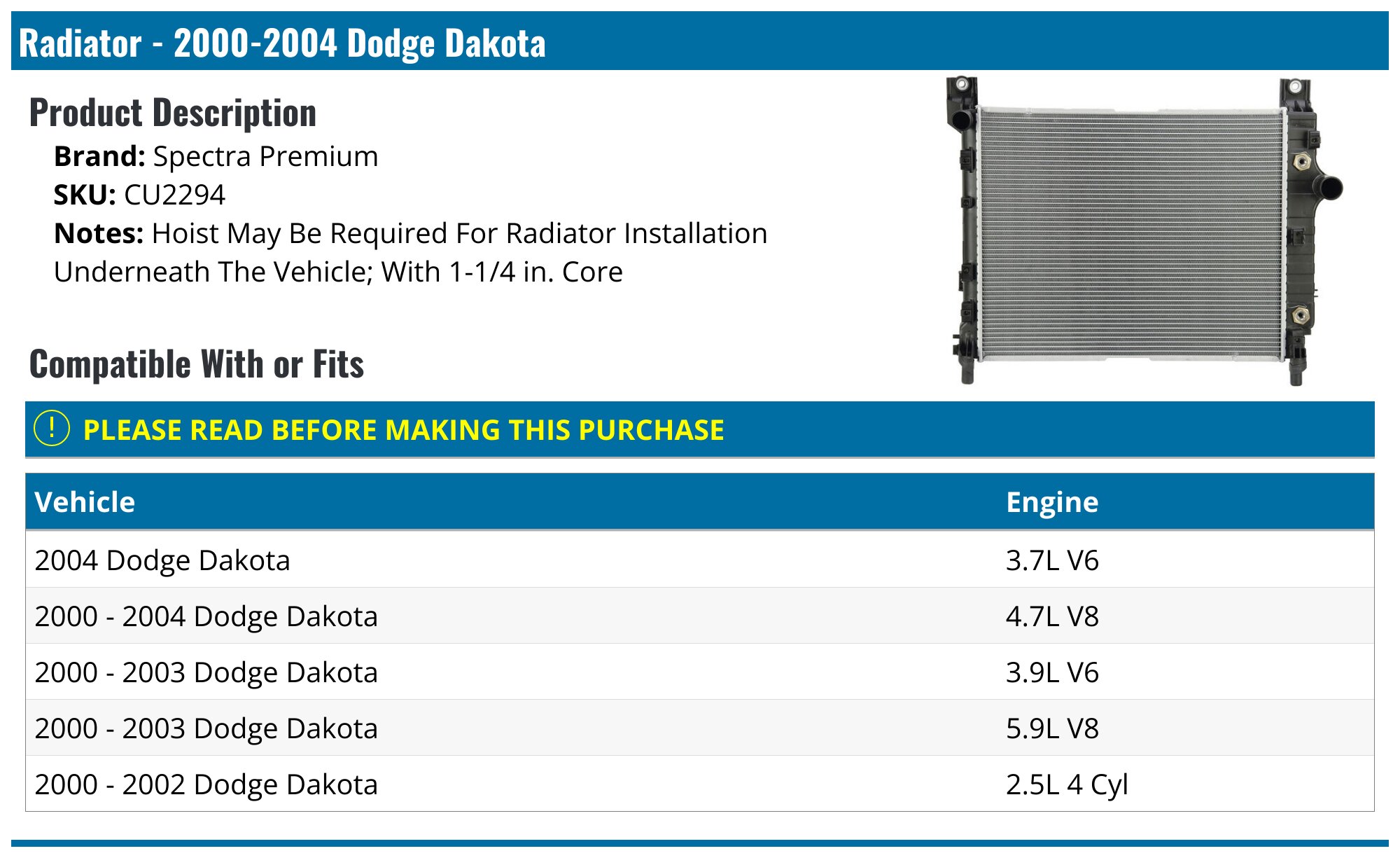 2000-2004 Dodge Dakota Radiator - Spectra Premium CU2294 - PartsGeek.com