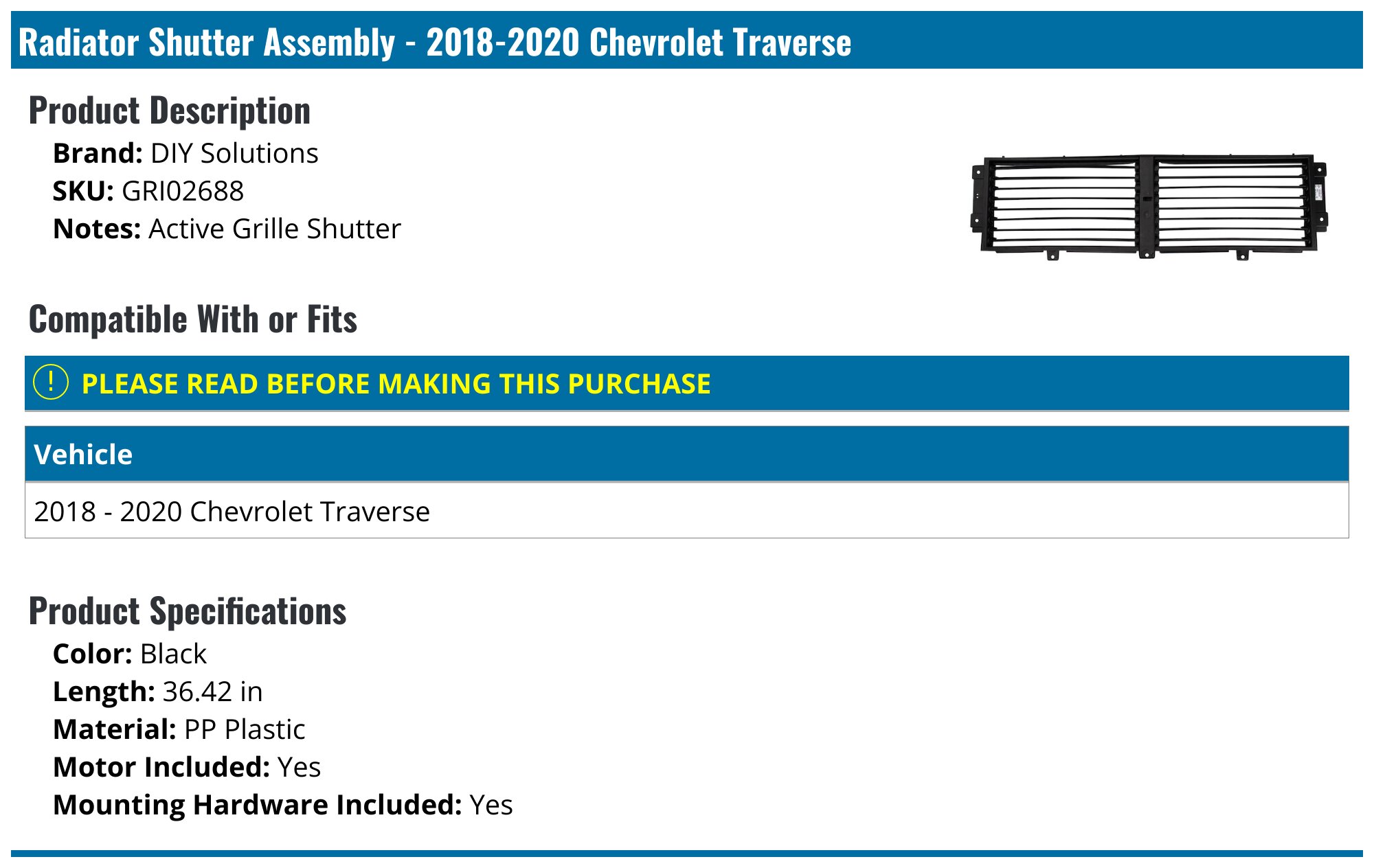 2018-2020 Chevrolet Traverse Radiator Shutter Assembly - DIY Solutions ...