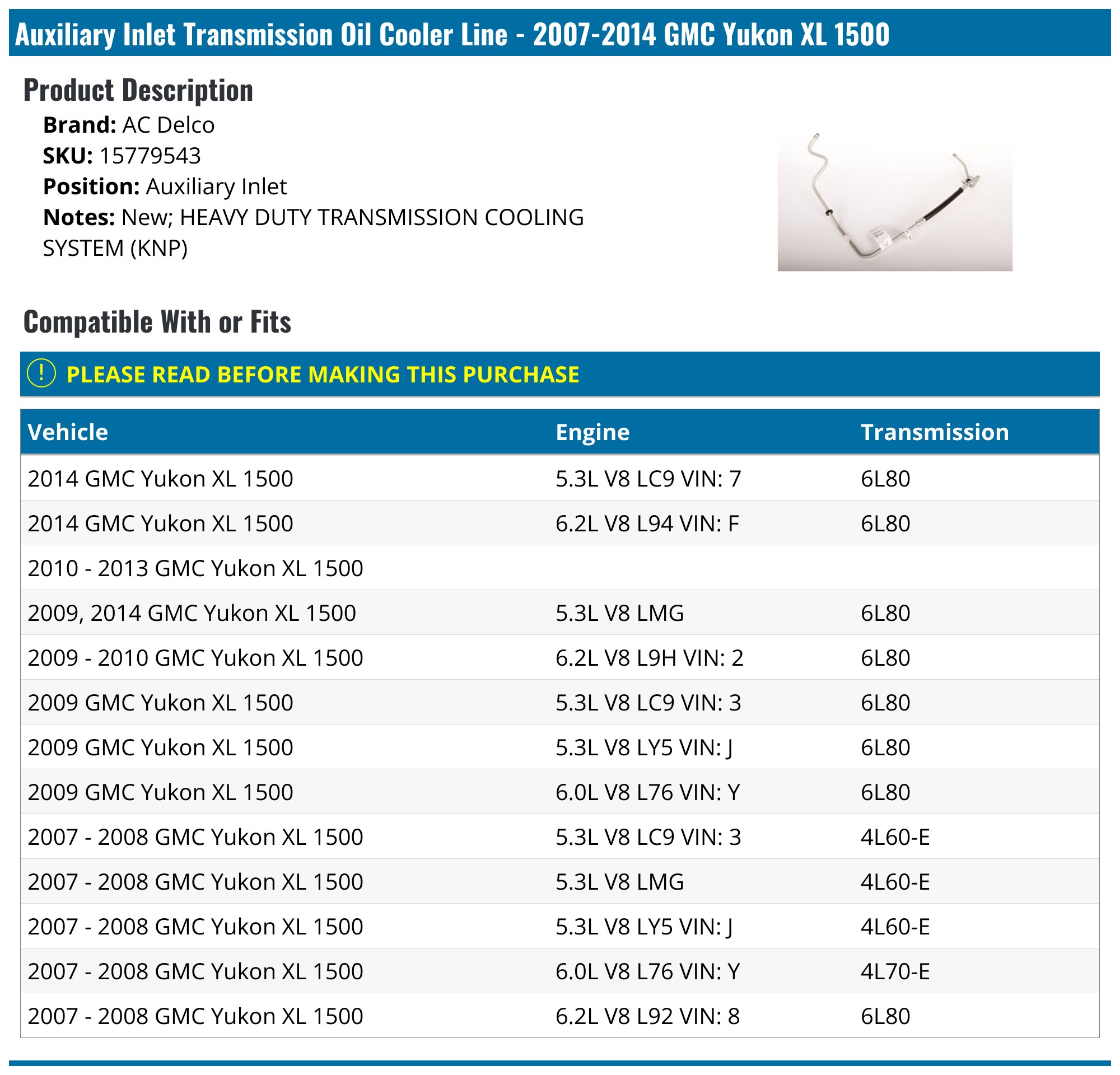 2007-2014 GMC Yukon XL 1500 Transmission Oil Cooler Line - AC Delco ...
