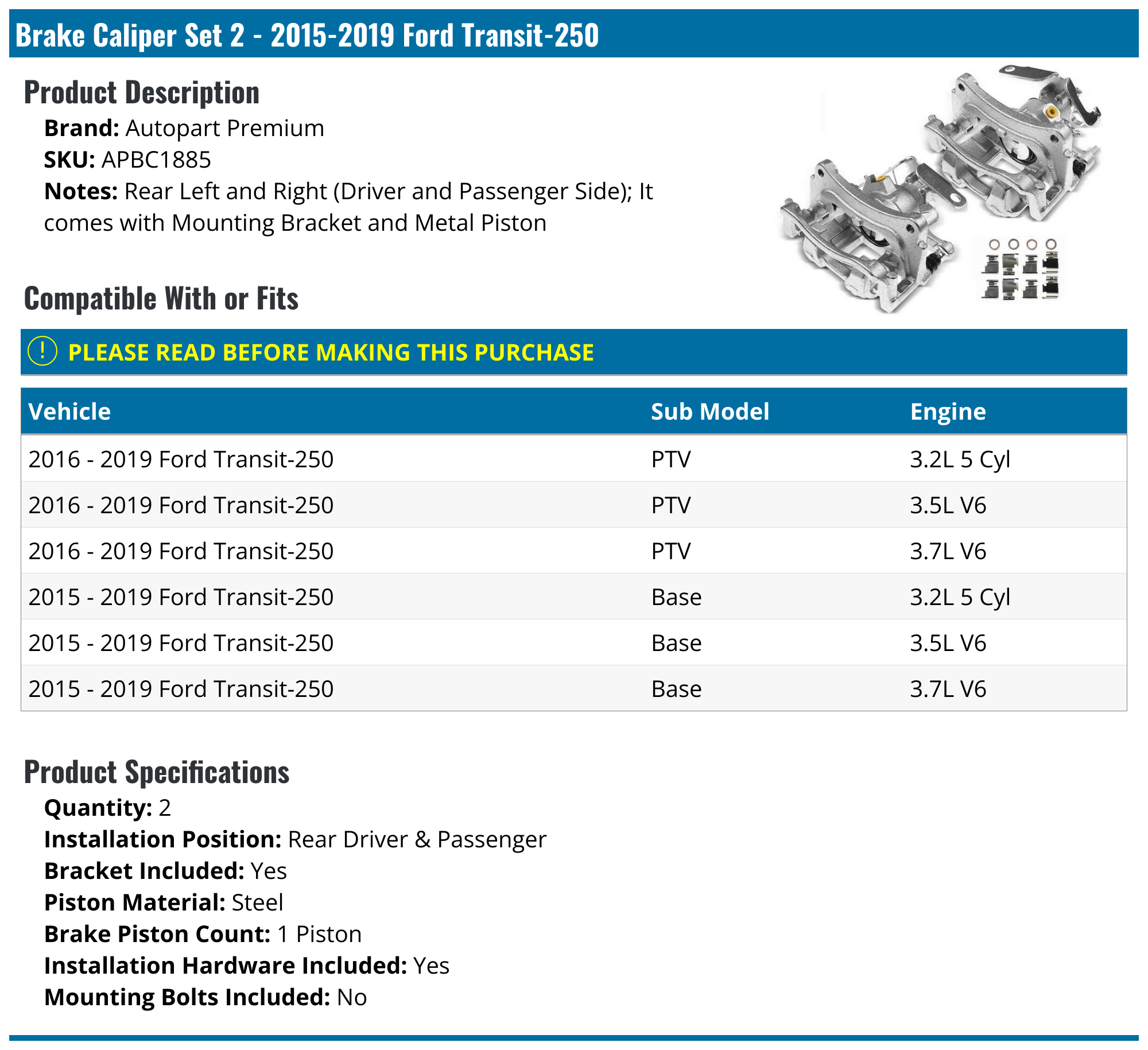 2015-2019 Ford Transit-250 Brake Caliper - Autopart Premium APBC1885 ...