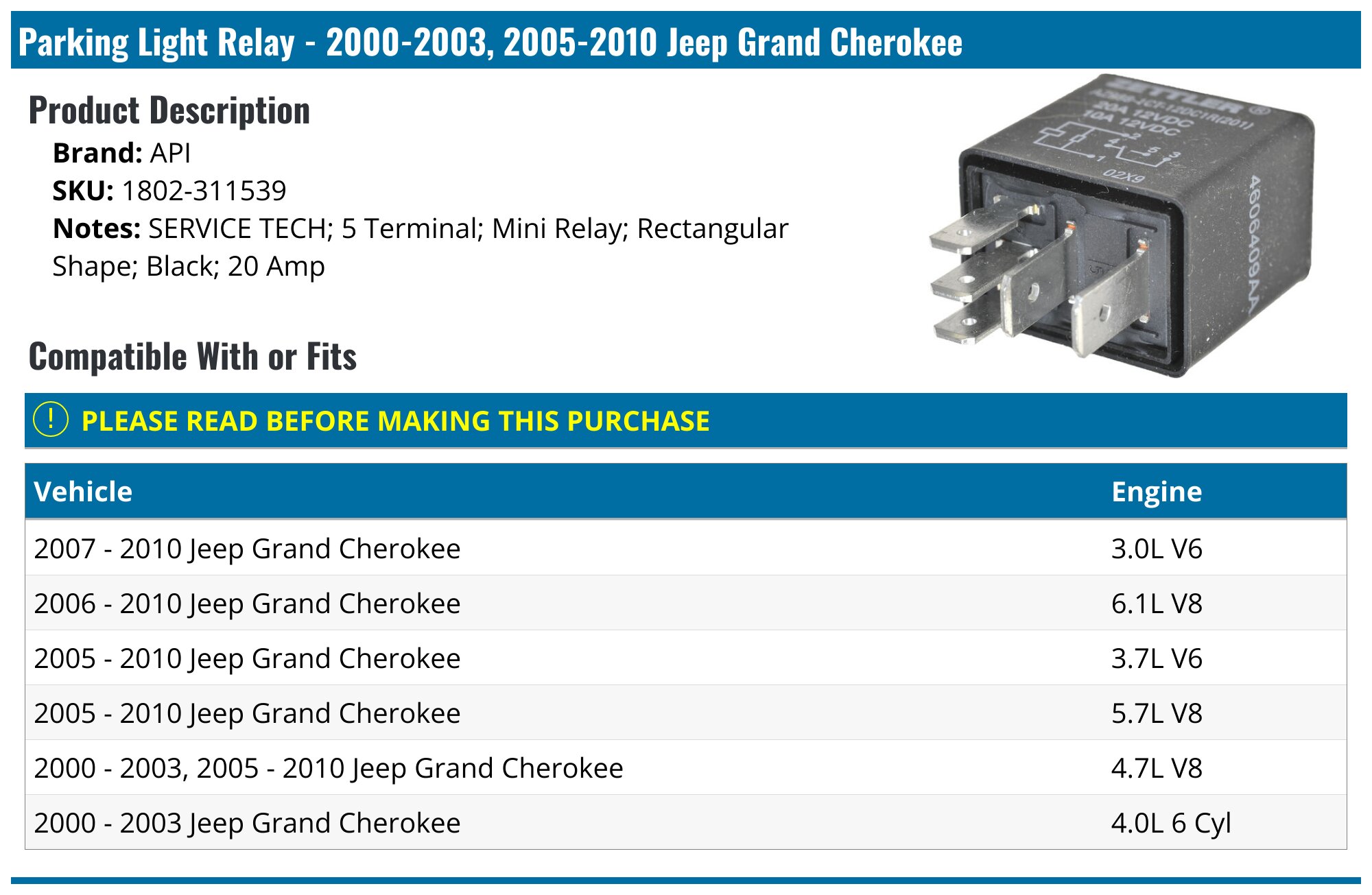 2000-2003, 2005-2010 Jeep Grand Cherokee Parking Light Relay - API 2252 ...