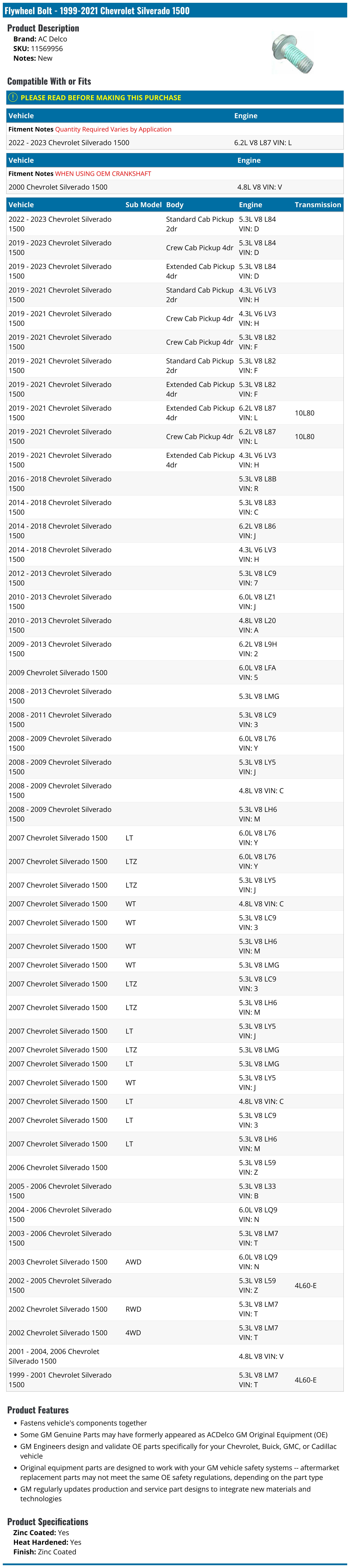 1999-2025 Chevrolet Silverado 1500 Flywheel Bolt - AC Delco 11569956 ...