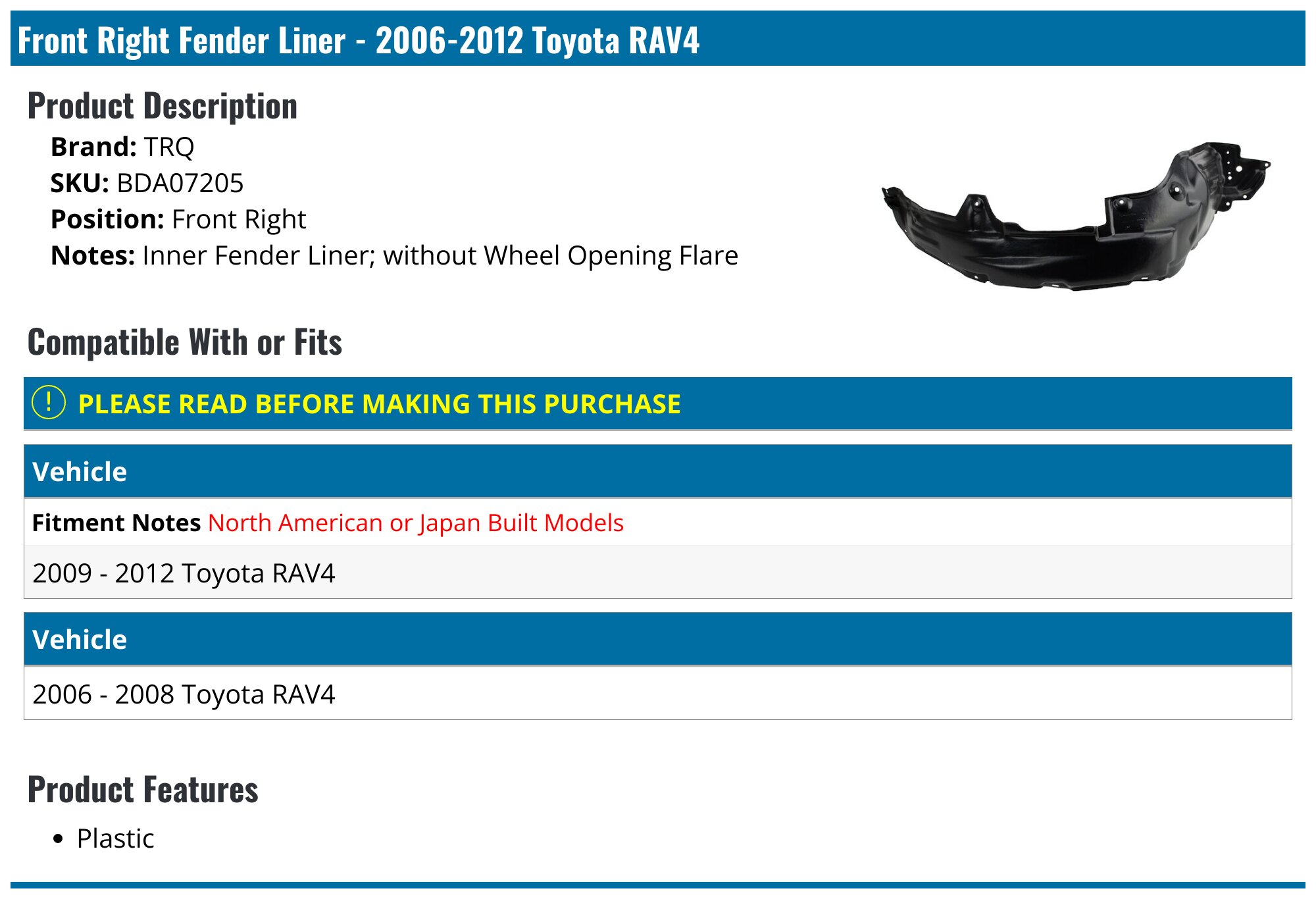 2006-2012 Toyota RAV4 Fender Liner - TRQ BDA07205 - Front Right ...