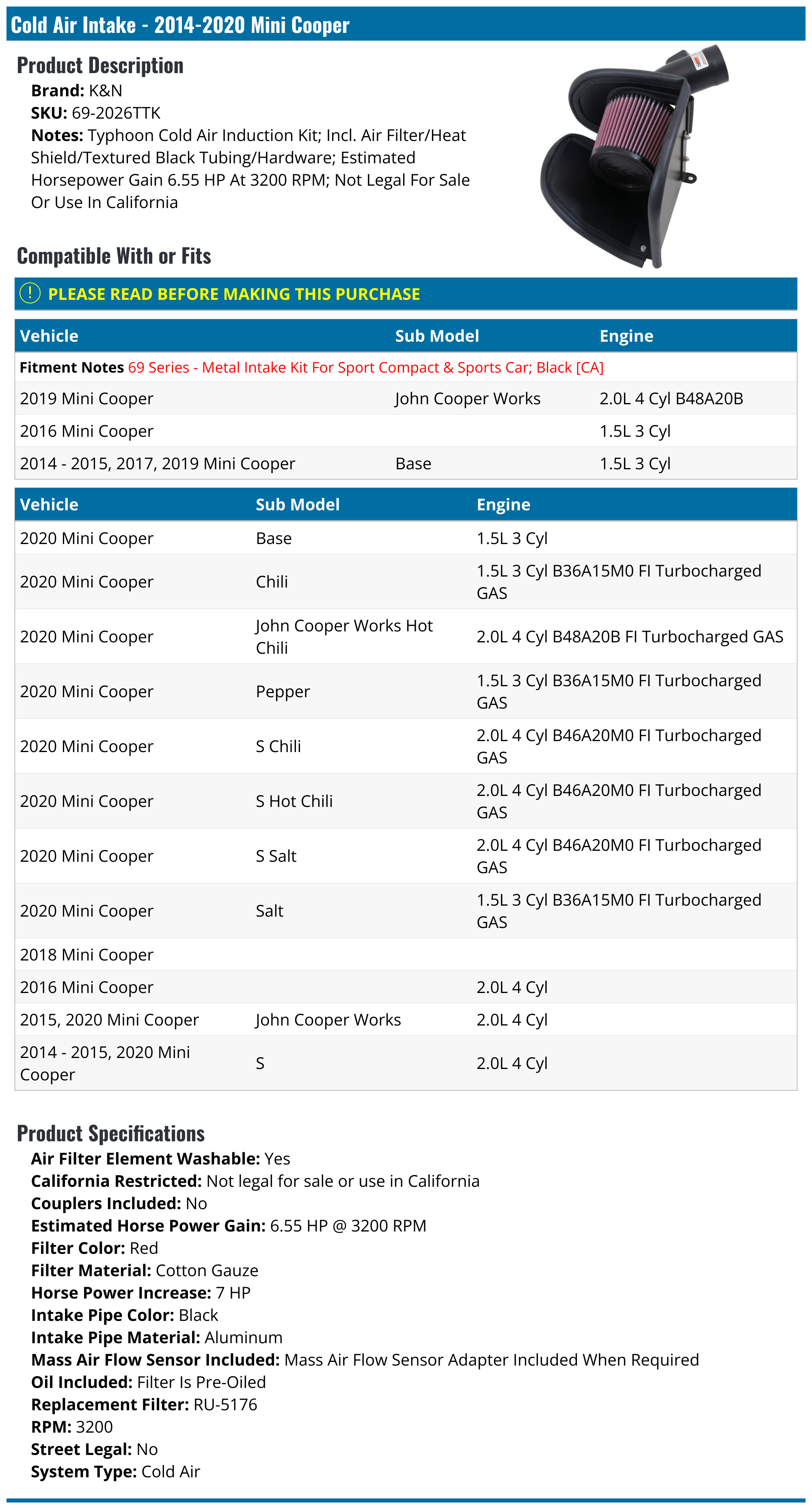 2014-2019 Mini Cooper Cold Air Intake - K&N 69-2026TTK - PartsGeek.com