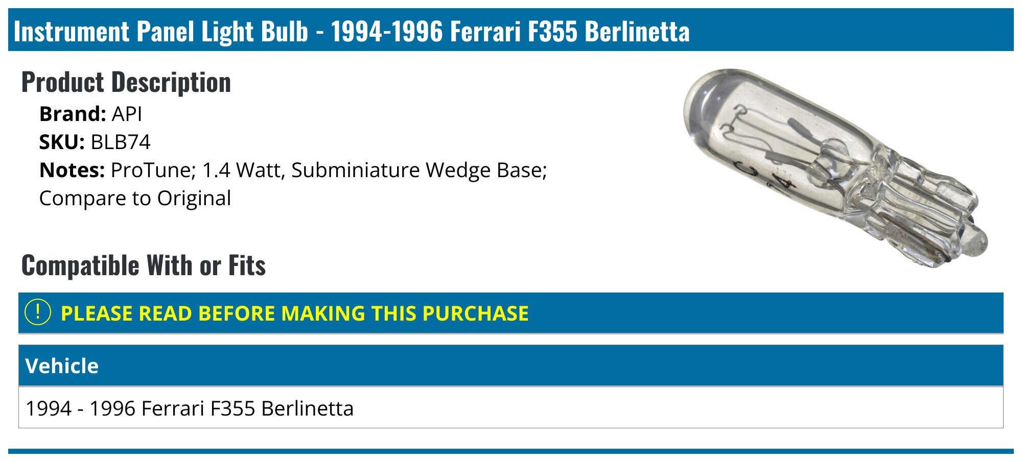 1994-1996 Ferrari F355 Berlinetta Instrument Panel Light Bulb - API ...