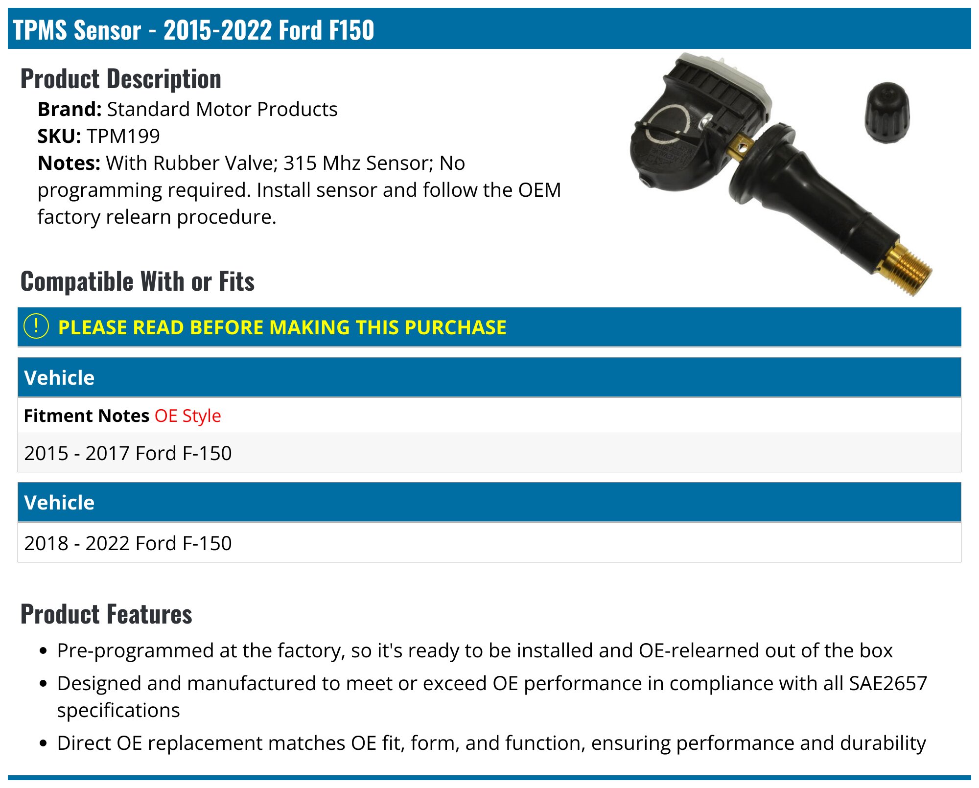 2015-2022 Ford F150 Tire Pressure Monitoring Sensor - Standard Motor ...