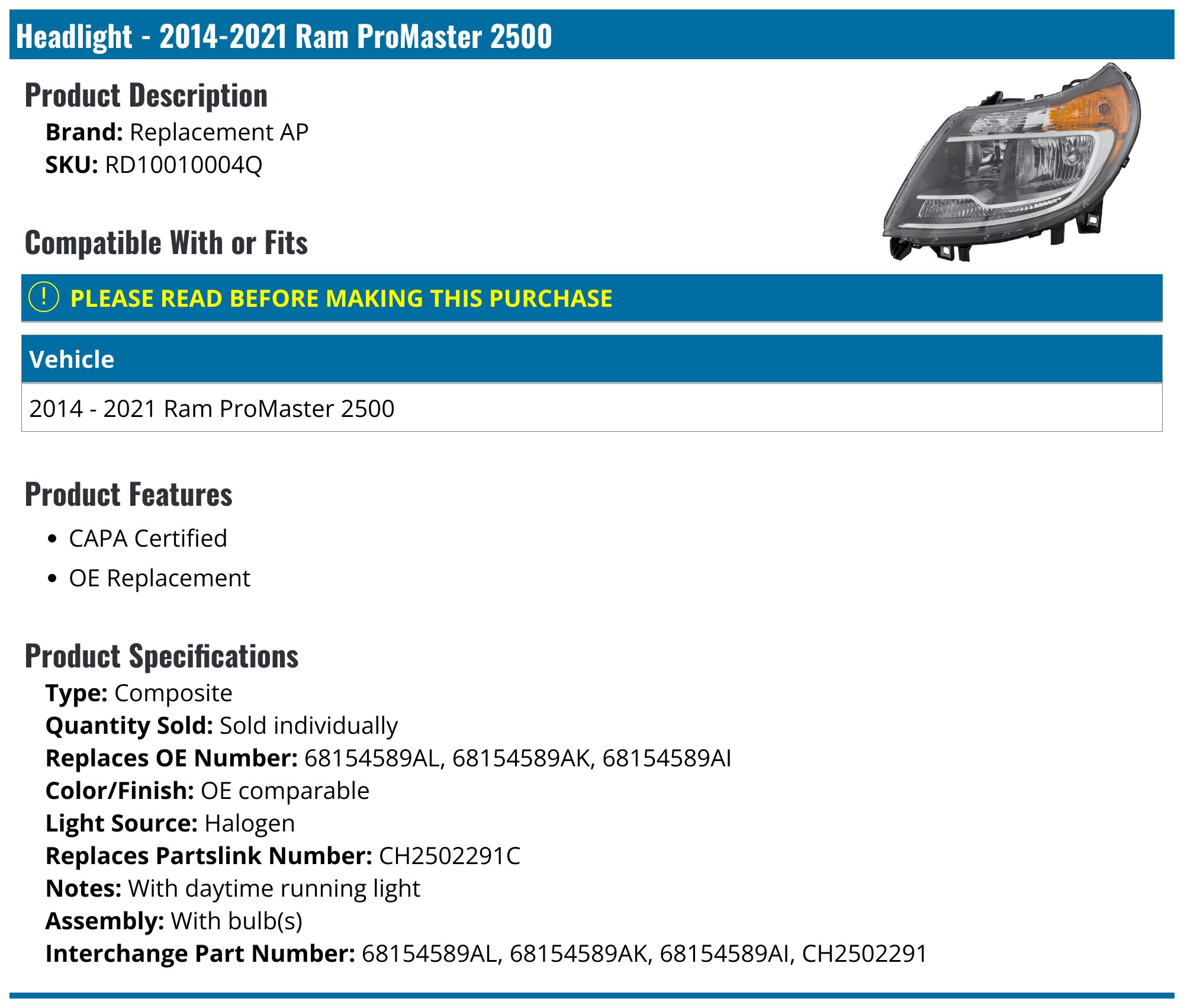 2014-2022 Ram ProMaster 2500 Headlight Assembly - Replacement AP ...