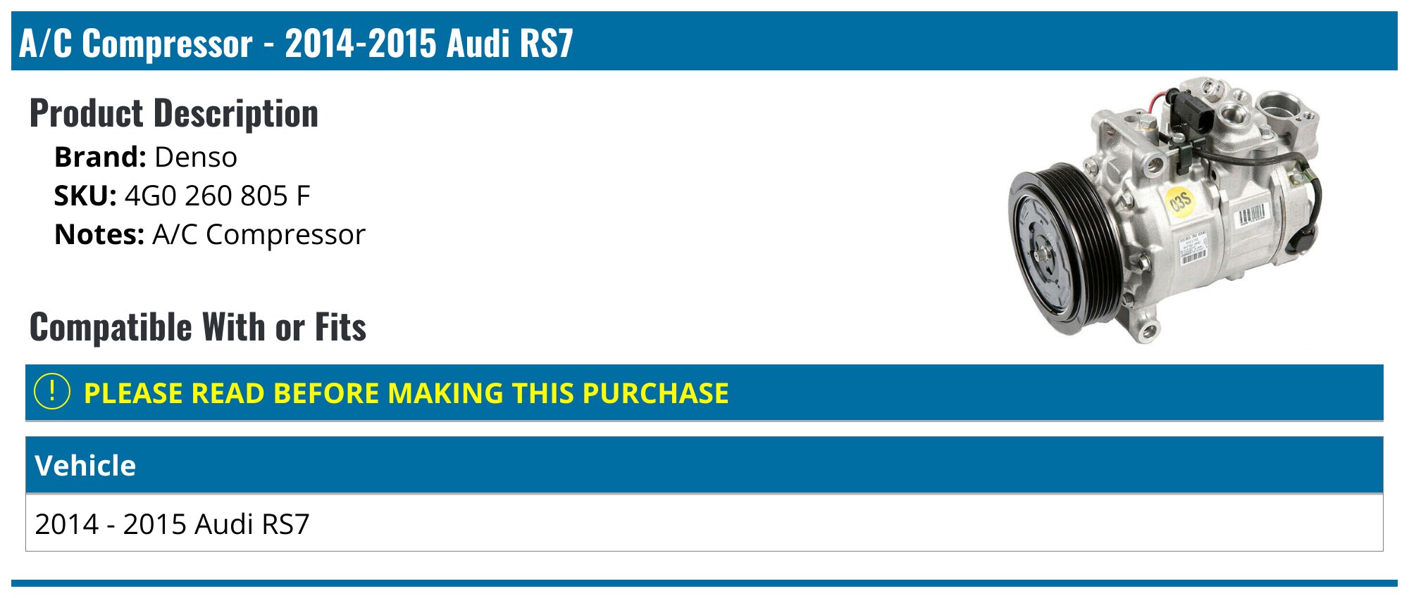 2014-2015 Audi RS7 A/C Compressor - Denso 4G0 260 805 F - PartsGeek.com