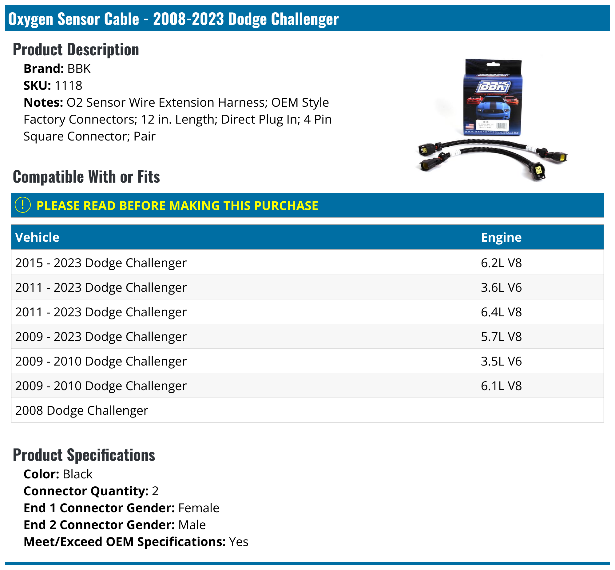 2008-2023 Dodge Challenger Oxygen Sensor Cable - BBK 1118 - PartsGeek.com