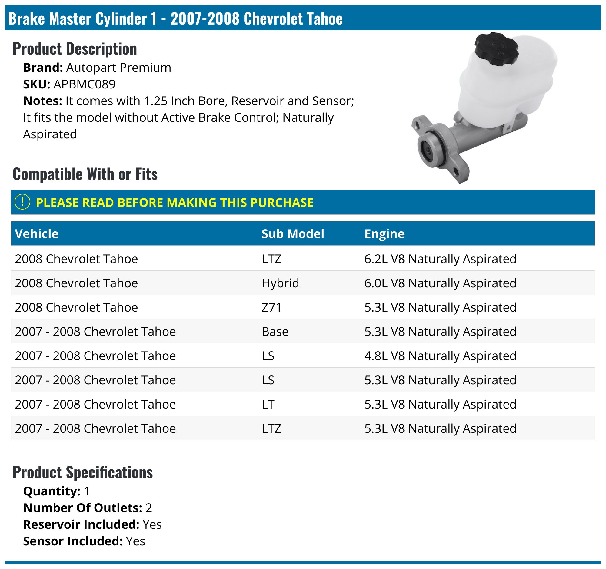 2007-2008 Chevrolet Tahoe Brake Master Cylinder - Autopart Premium ...