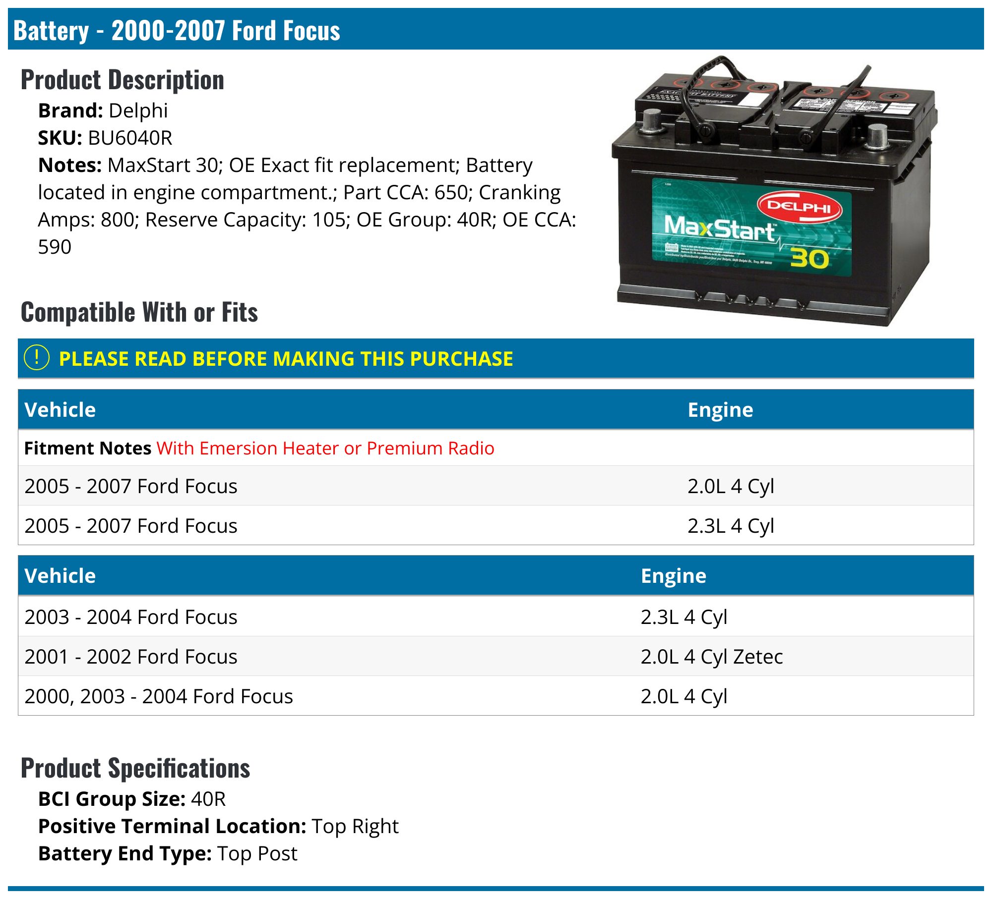2000-2007 Ford Focus Battery - Delphi BU6040R - - PartsGeek.com