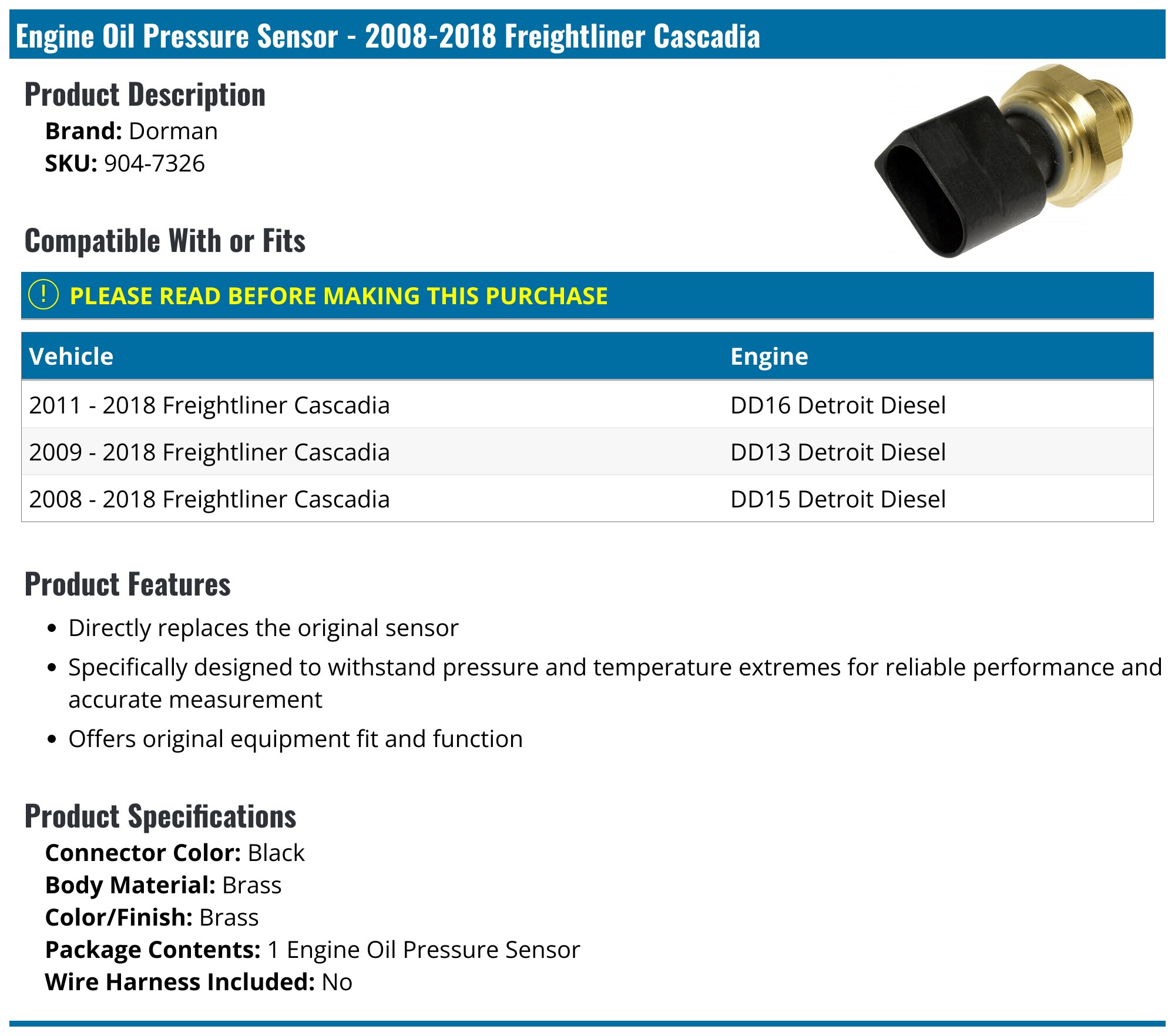 2008-2025 Freightliner Cascadia Engine Oil Pressure Sensor - Dorman 904 ...