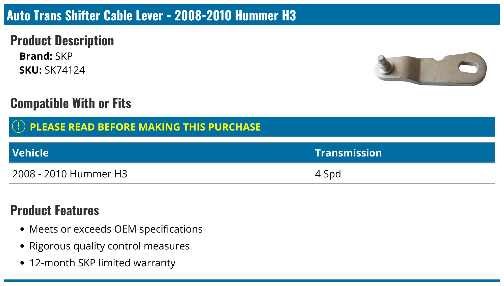2008-2010 Hummer H3 Auto Trans Shifter Cable Lever - SKP SK74124 ...