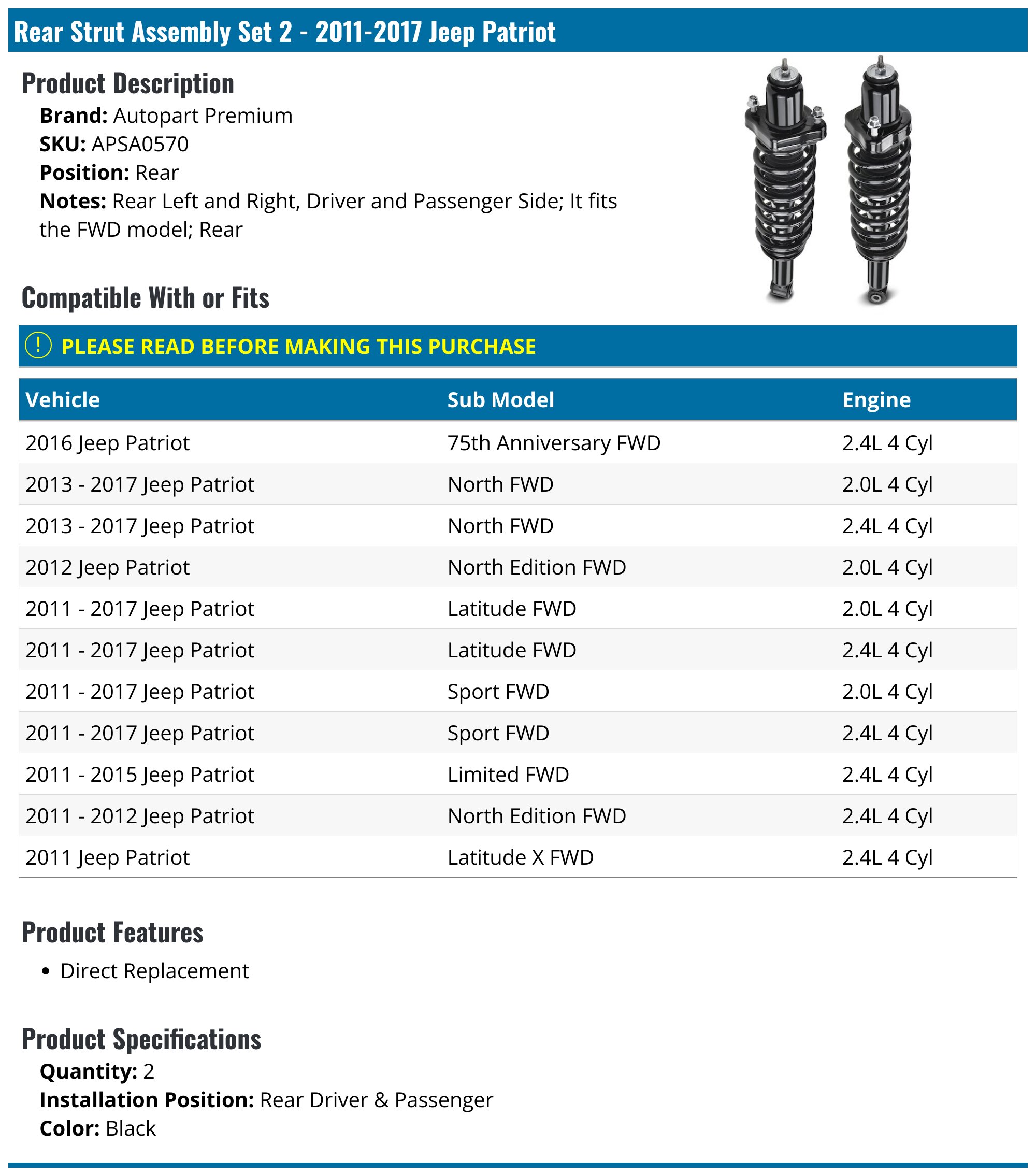 2011-2017 Jeep Patriot Strut Assembly - Autopart Premium APSA0570 ...