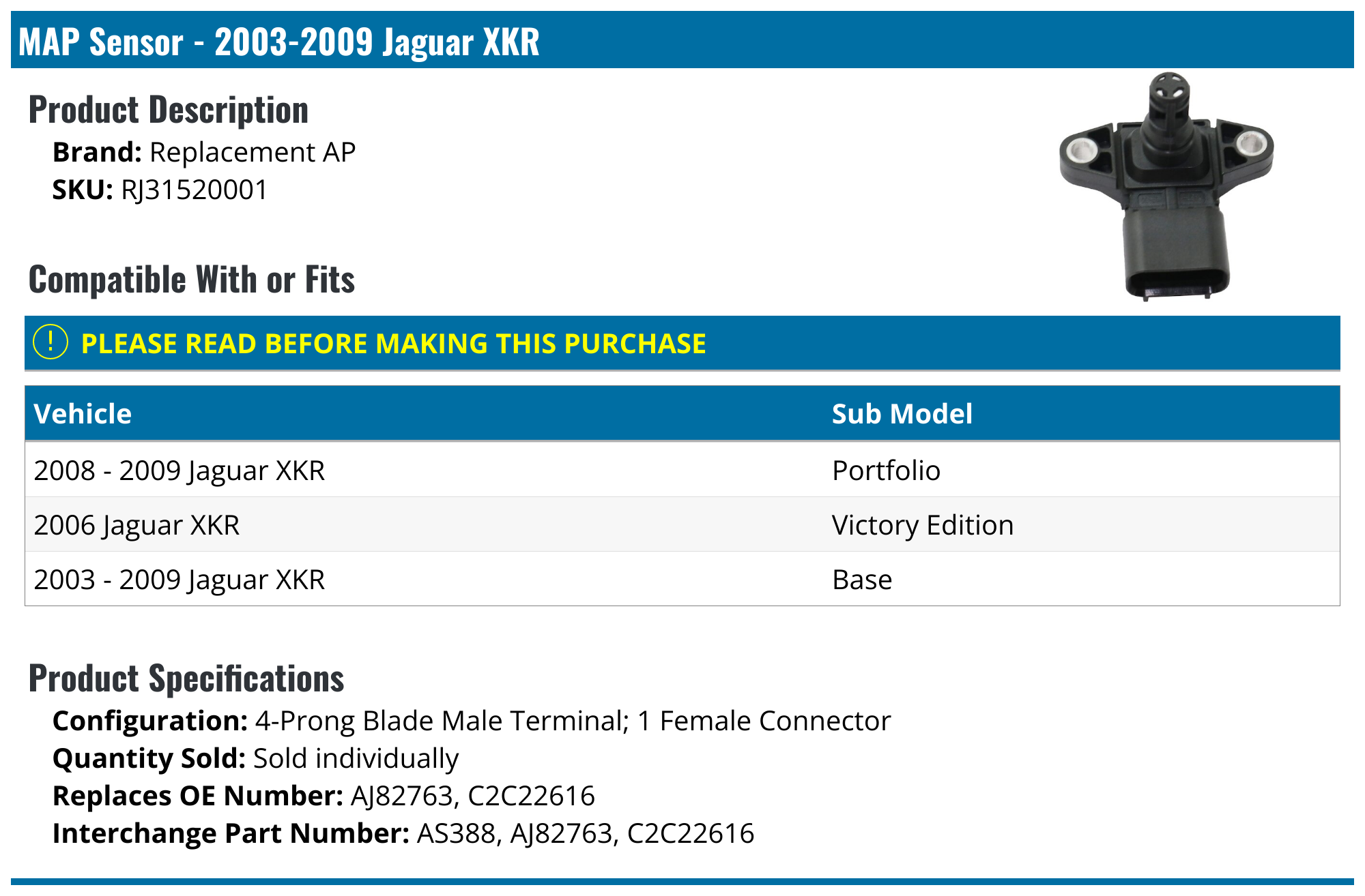 2003-2009 Jaguar XKR MAP Sensor - Replacement AP RJ31520001 - PartsGeek.com