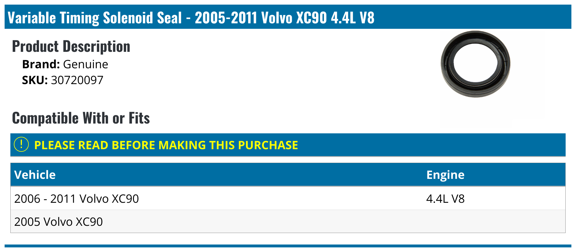 2005-2011 Volvo XC90 Variable Timing Solenoid Seal - Genuine 30720097 ...