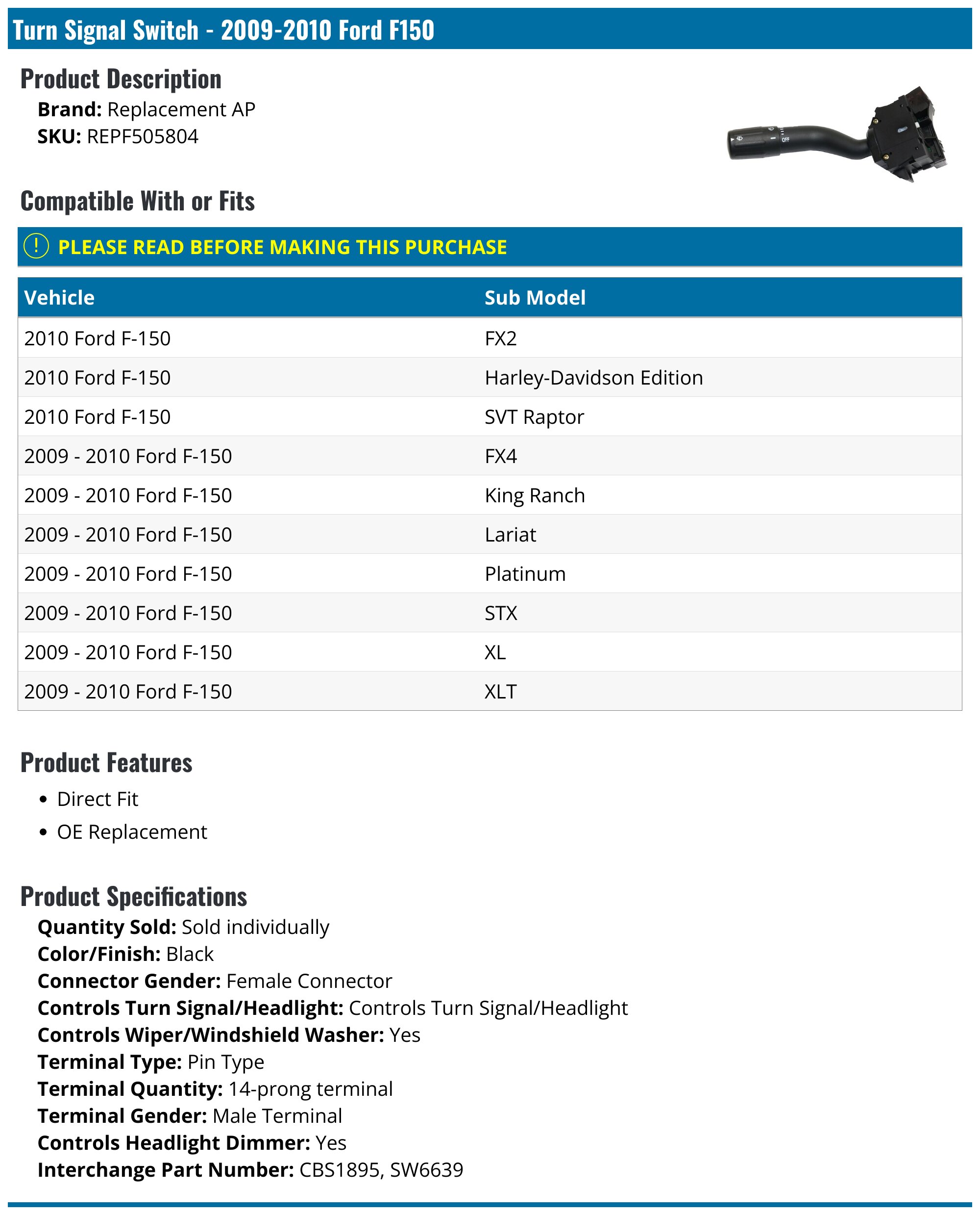 2009-2010 Ford F150 Turn Signal Switch - Replacement AP REPF505804 ...