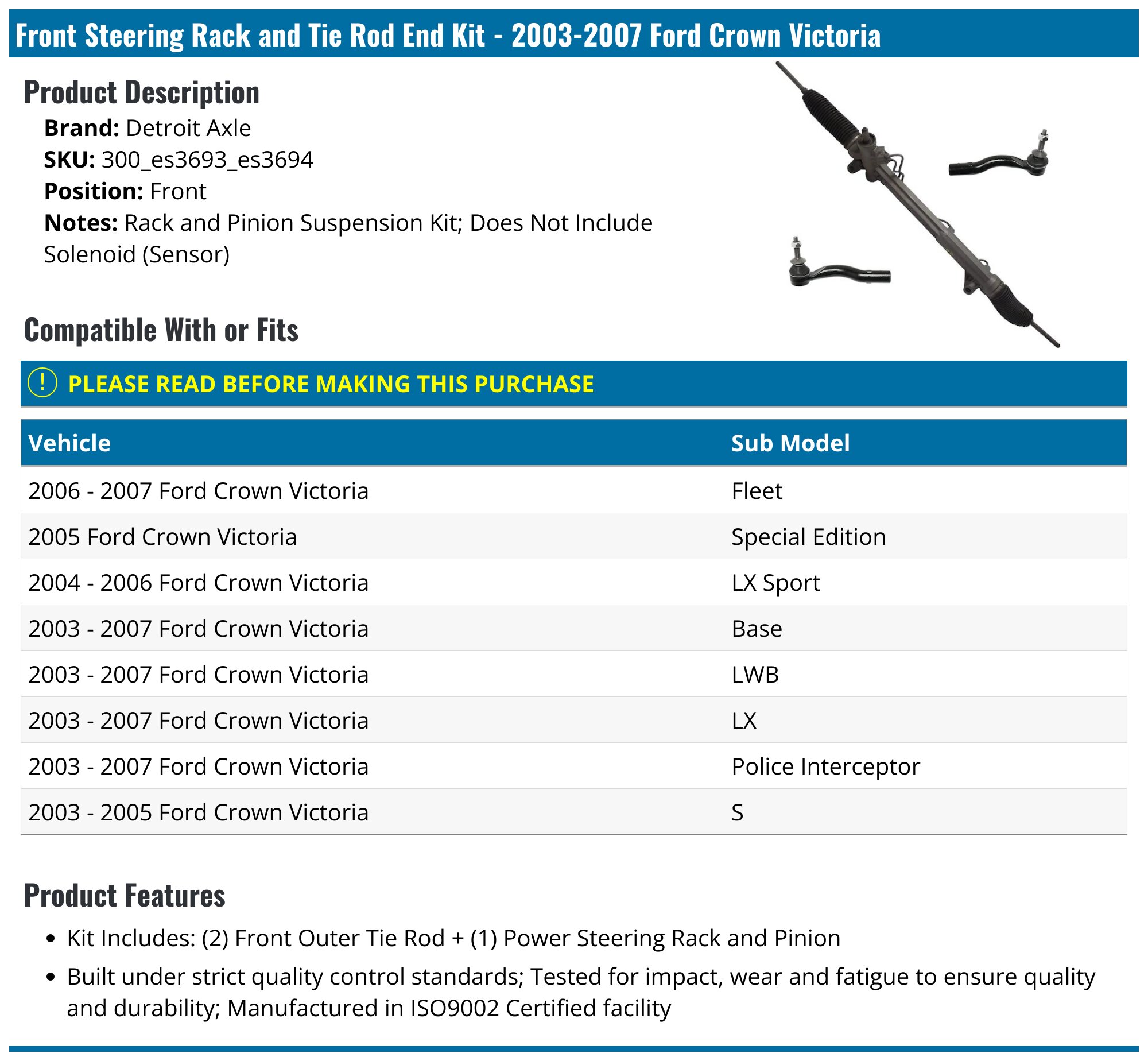 2003-2007 Ford Crown Victoria Steering Rack - Detroit Axle 300_es3693 ...