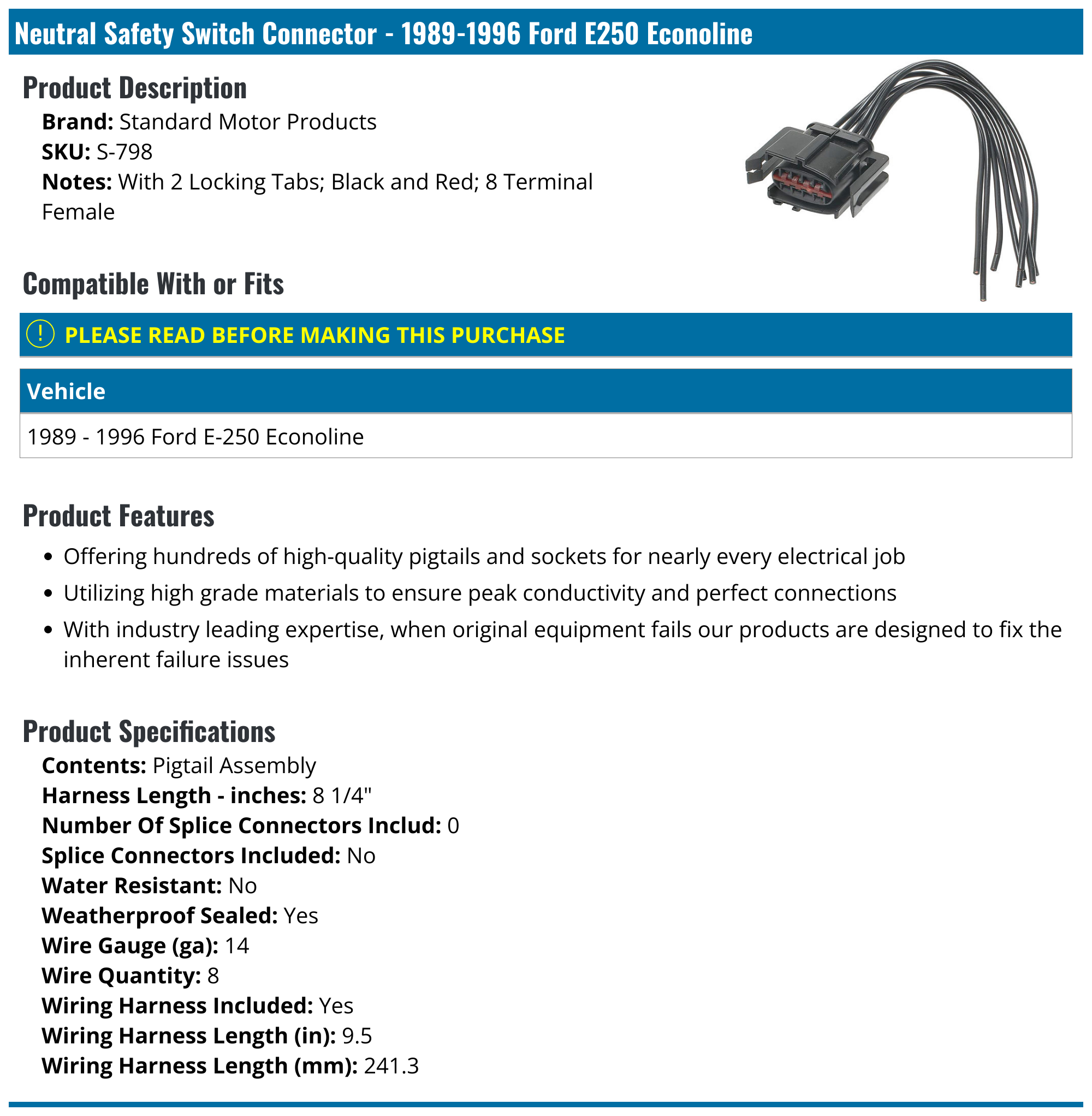 1989-1996 Ford E250 Econoline Neutral Safety Switch Connector ...