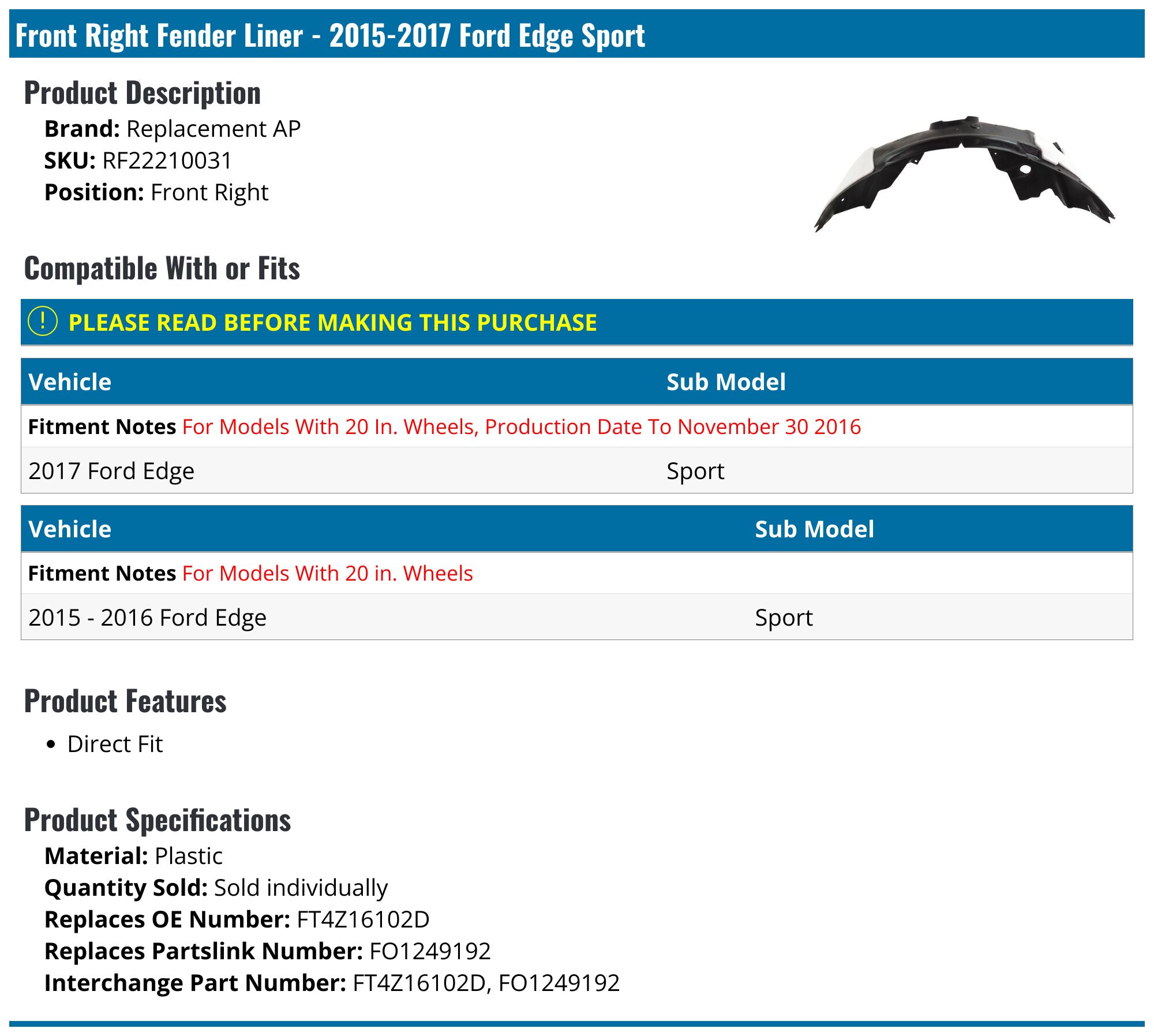 2015-2018 Ford Edge Fender Liner - Replacement AP RF22210031 - Front ...