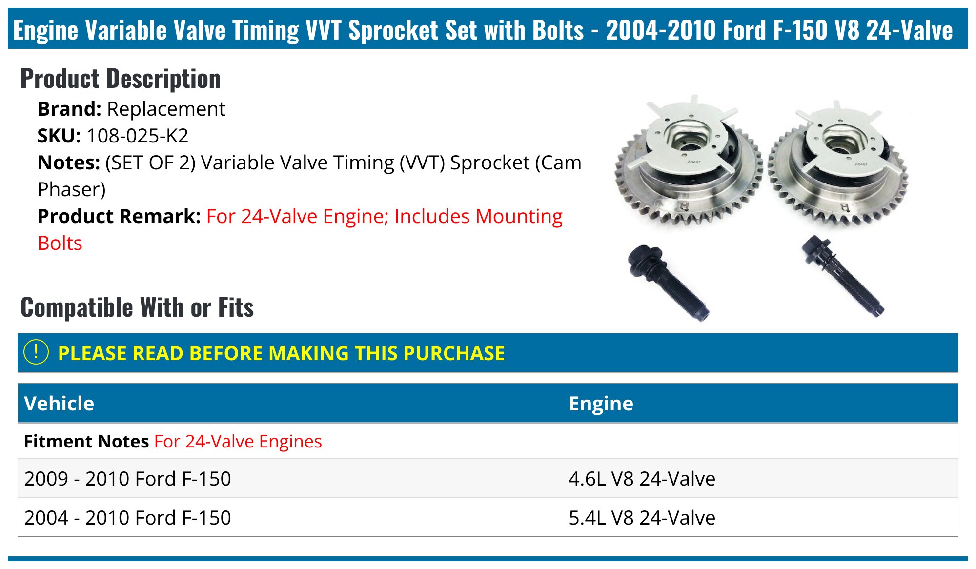 2004-2010 Ford F150 Engine Variable Valve Timing Sprocket - Replacement ...
