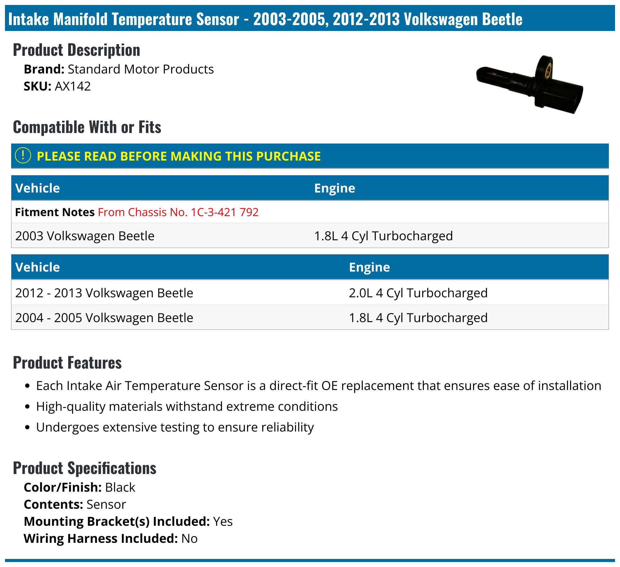 2003-2005, 2012-2013 Volkswagen Beetle Intake Manifold Temperature ...