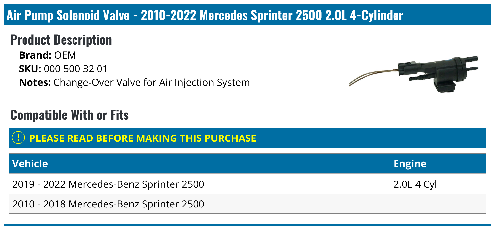 2010-2022 Mercedes Sprinter 2500 Air Pump Solenoid Valve - OEM 000 500 ...