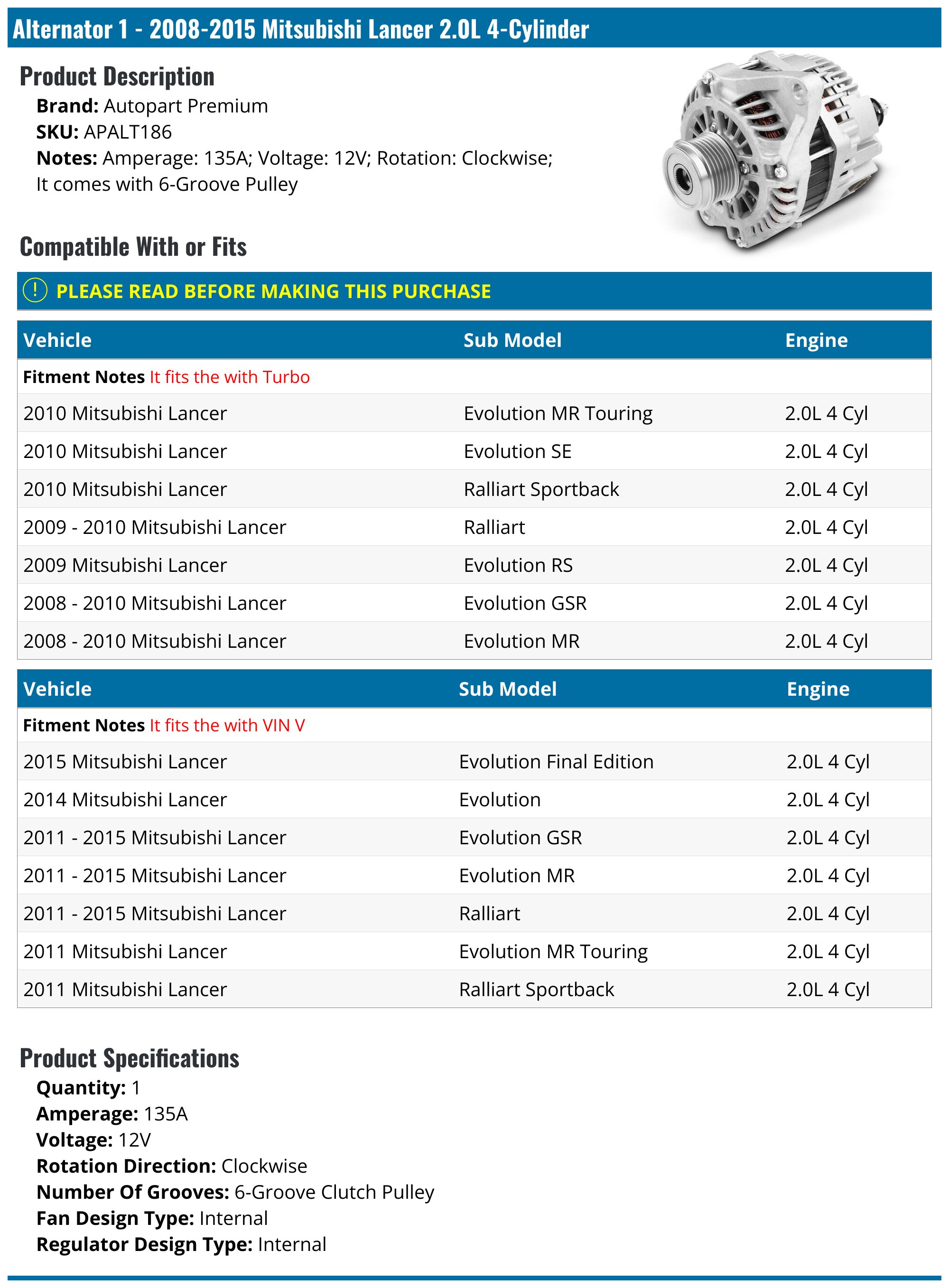 2008-2015 Mitsubishi Lancer Alternator - Autopart Premium APALT186 ...