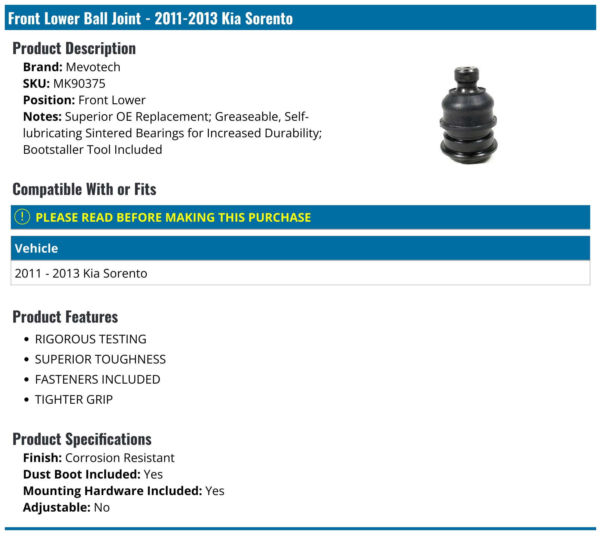2011-2013 Kia Sorento Ball Joint - Mevotech MK90375 - Front Lower ...