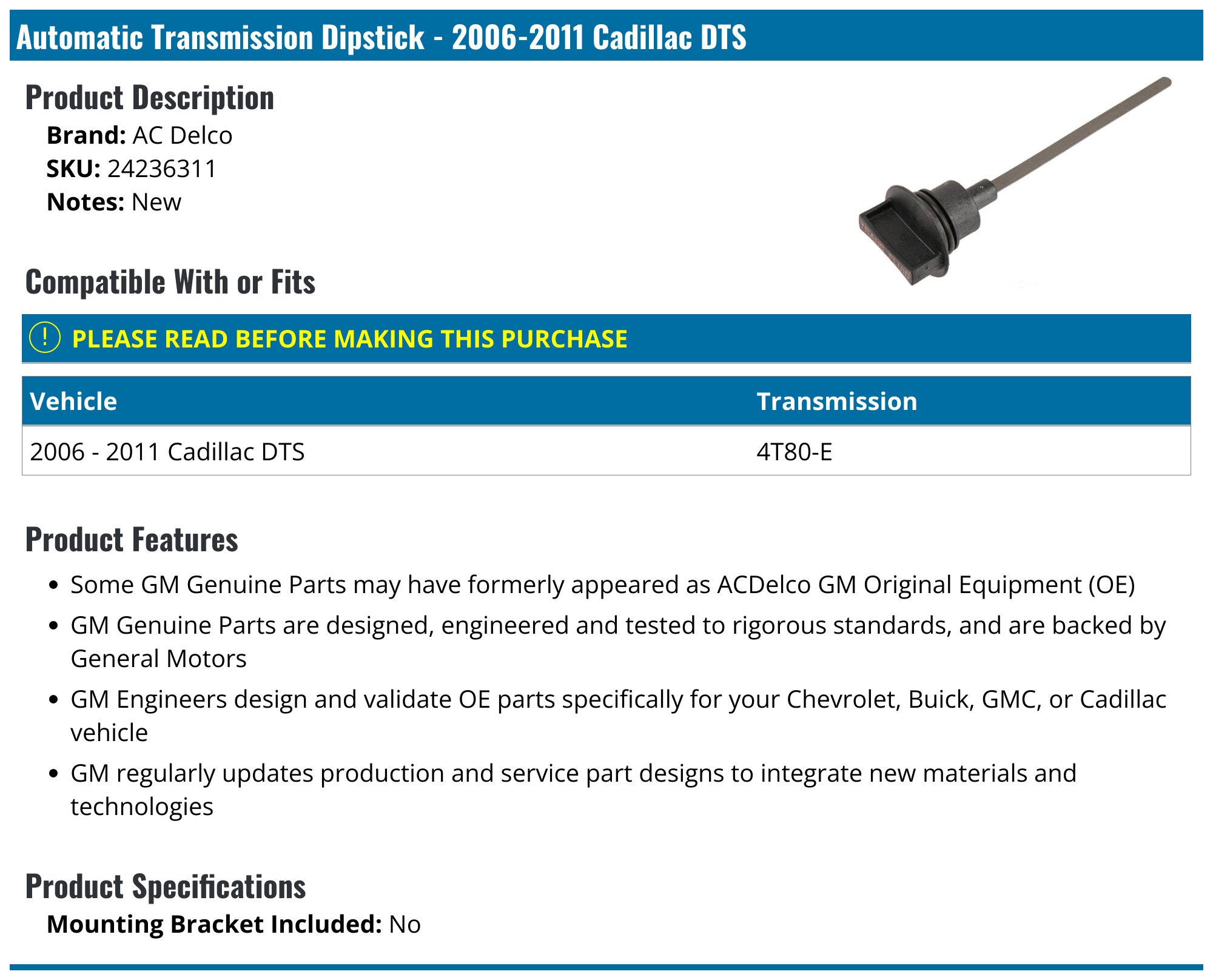 2006-2011 Cadillac DTS Automatic Transmission Dipstick - AC Delco ...