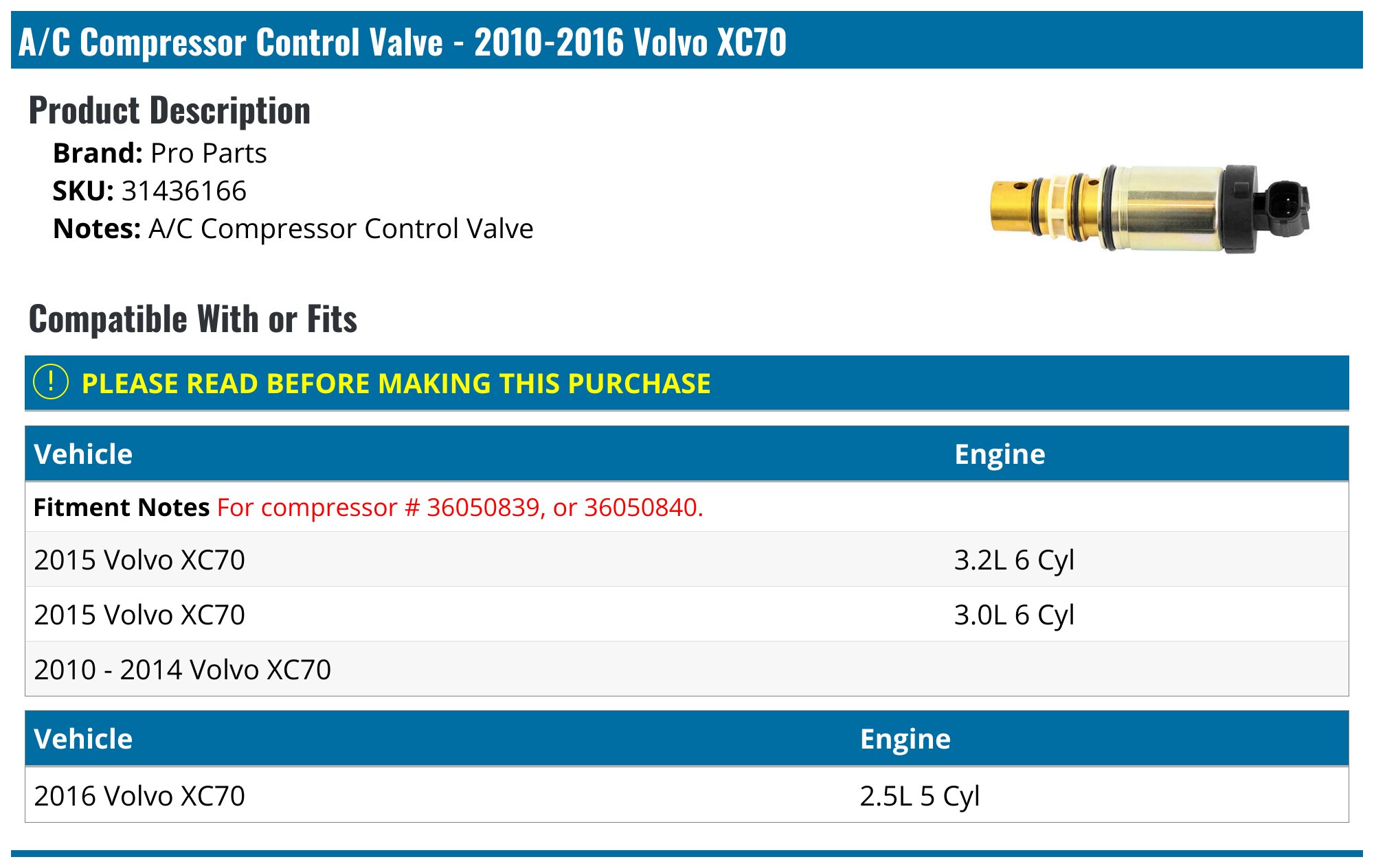 2010-2016 Volvo XC70 A/C Compressor Control Valve - Pro Parts 31436166 ...