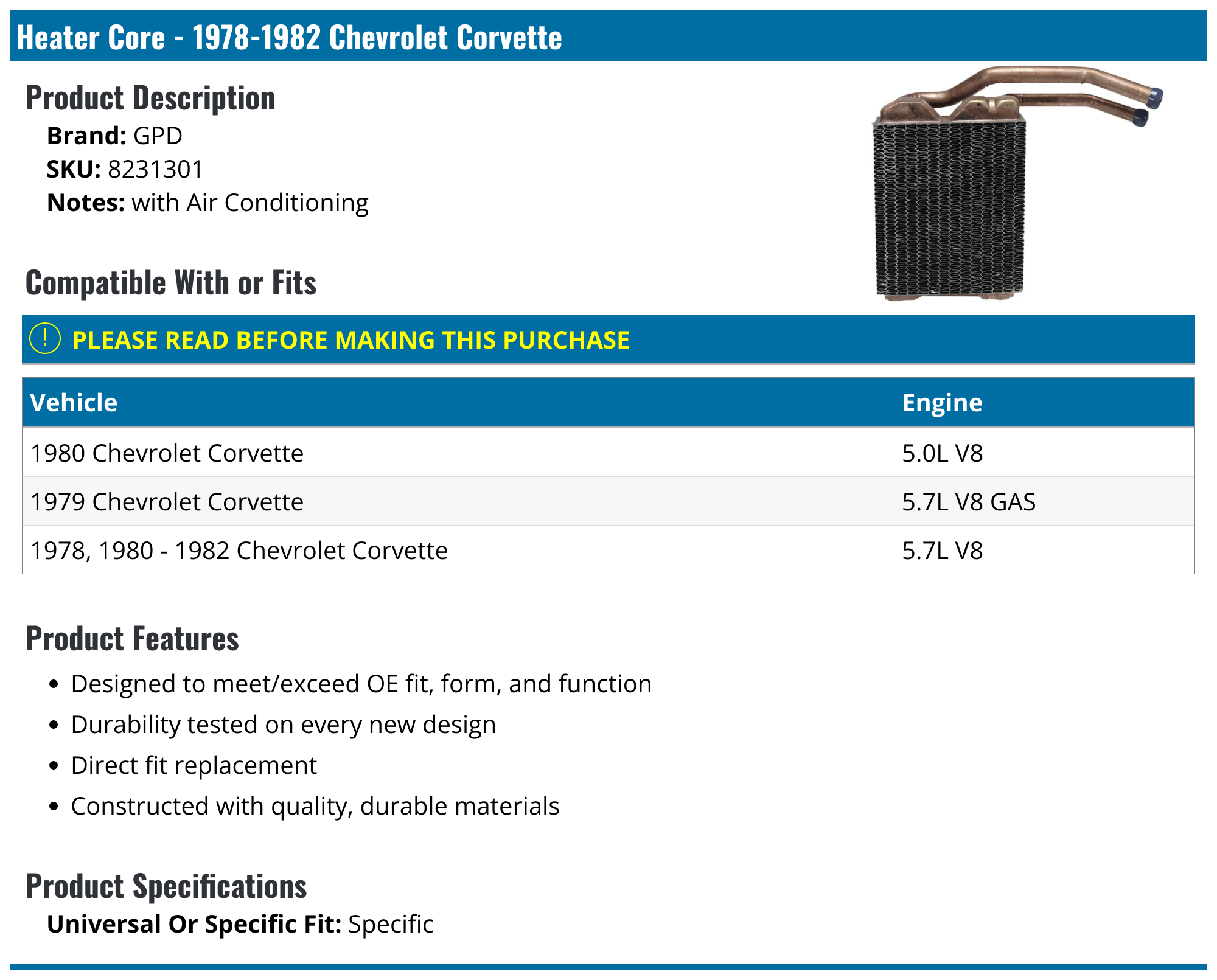 1978-1982 Chevrolet Corvette Heater Core - GPD 8231301 - PartsGeek.com