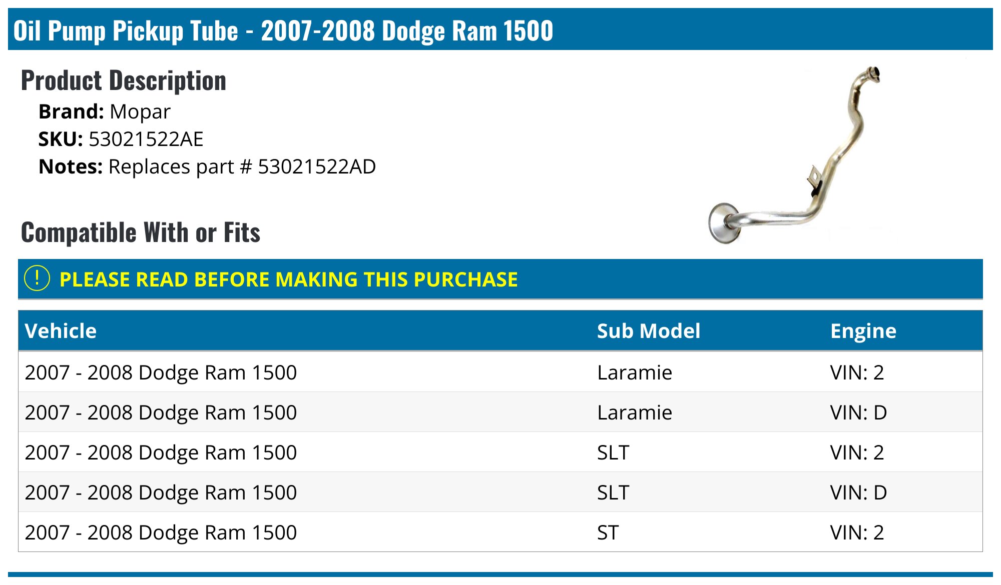 2007-2008 Dodge Ram 1500 Oil Pump Pickup Tube - Mopar 53021522AE ...