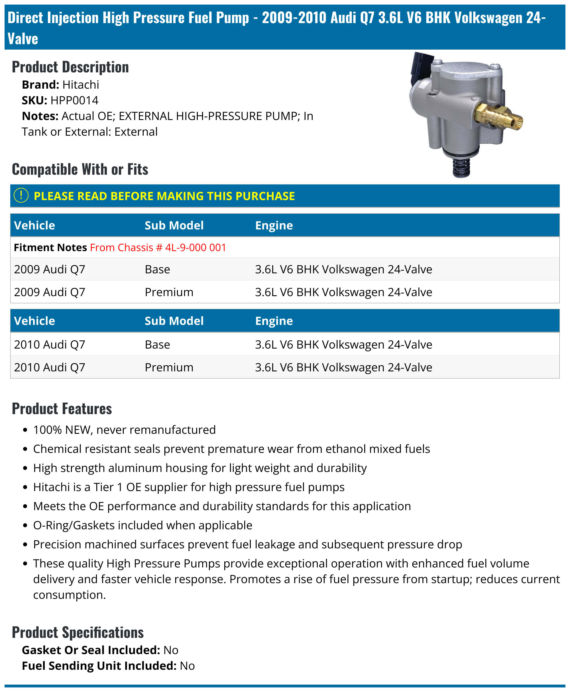 2009-2010 Audi Q7 Fuel Pump - Hitachi HPP0014 - PartsGeek.com