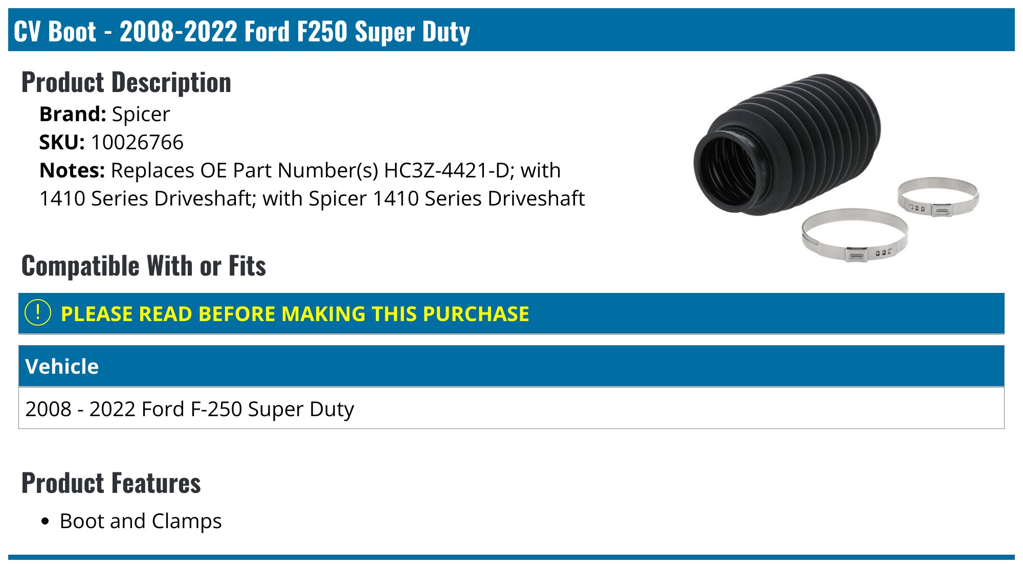 2008-2022 Ford F250 Super Duty CV Boot - Spicer 10026766 - PartsGeek.com