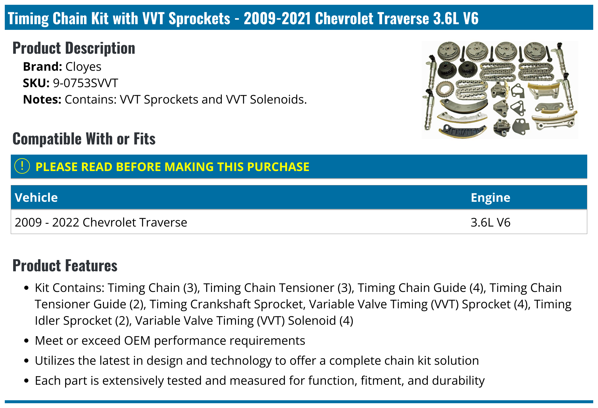 2009-2022 Chevrolet Traverse Timing Chain - Cloyes 9-0753SVVT ...