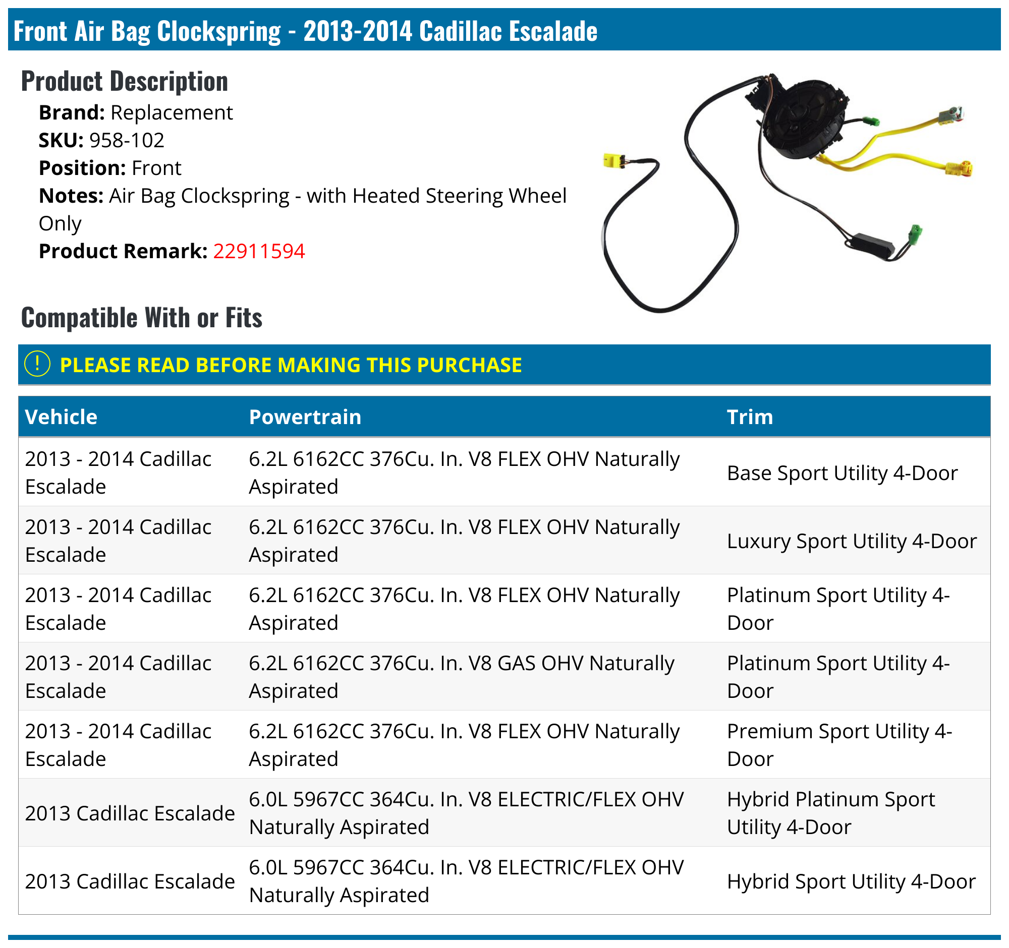 2013-2014 Cadillac Escalade Air Bag Clockspring - Replacement 958-102 ...