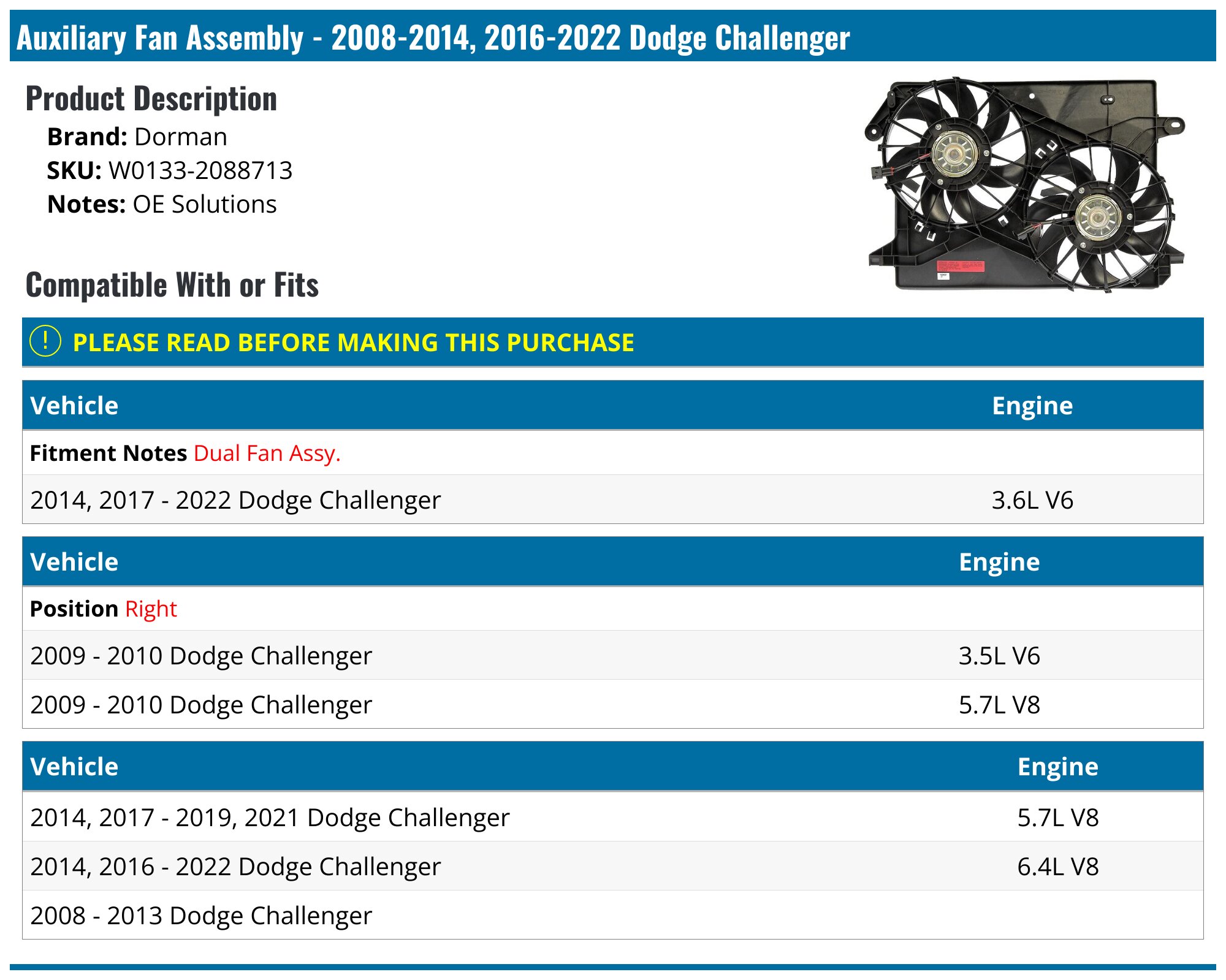2008-2014, 2016-2023 Dodge Challenger Radiator Fan Assembly - Dorman ...
