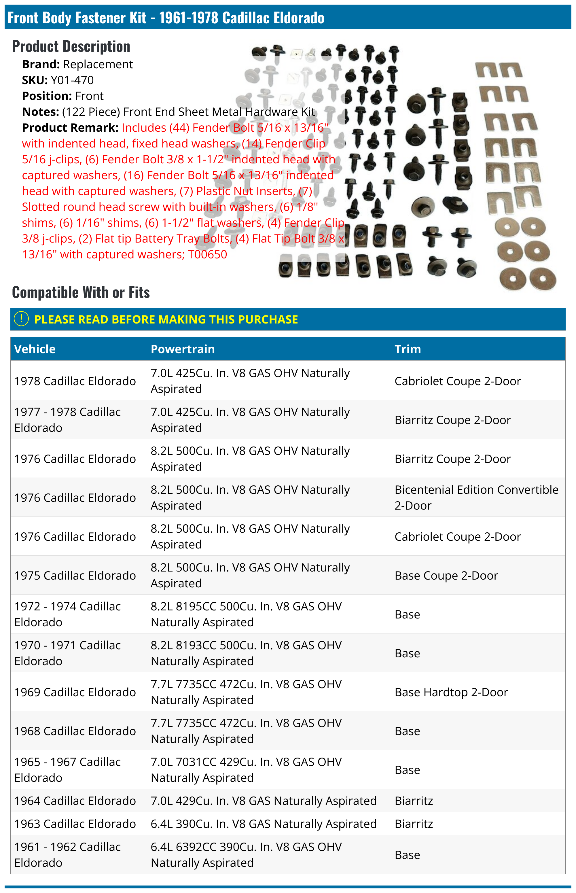 1961-1978 Cadillac Eldorado Body Fastener Kit - Replacement Y01-470 ...