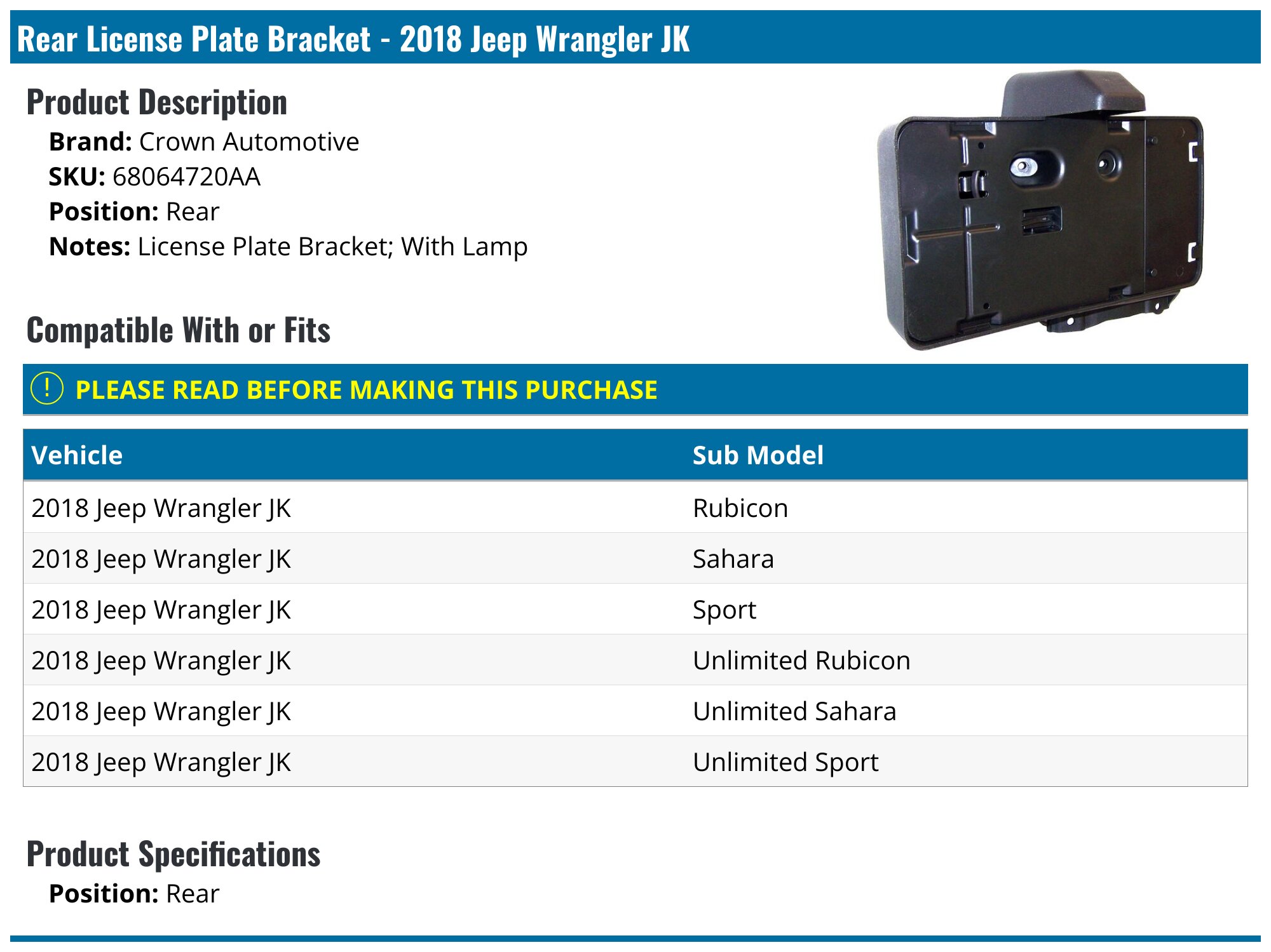 2018 Jeep Wrangler JK License Plate Bracket - Crown Automotive ...